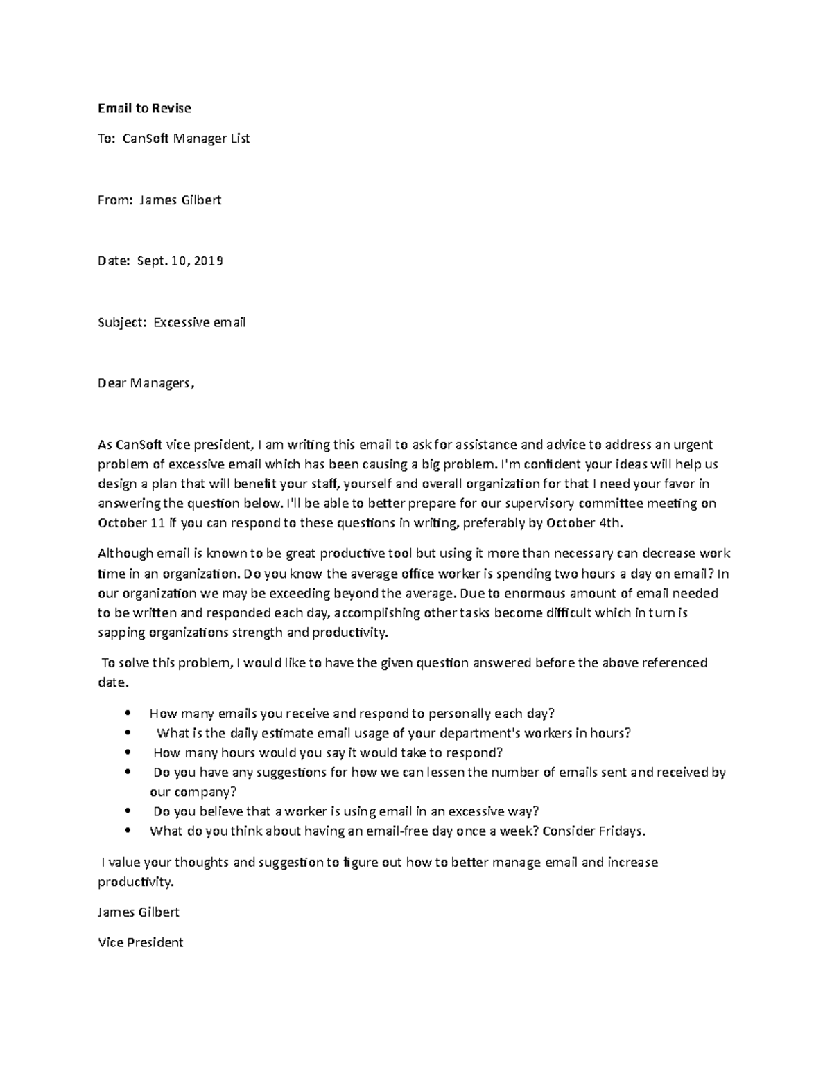 Revise to email (1) copy - Email to Revise To: CanSoft Manager List ...