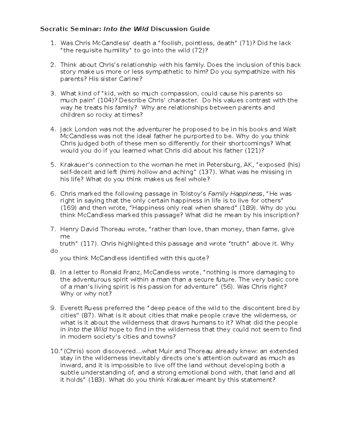 Into the wild revised socratic seminar qs - Socratic Seminar: Into the ...