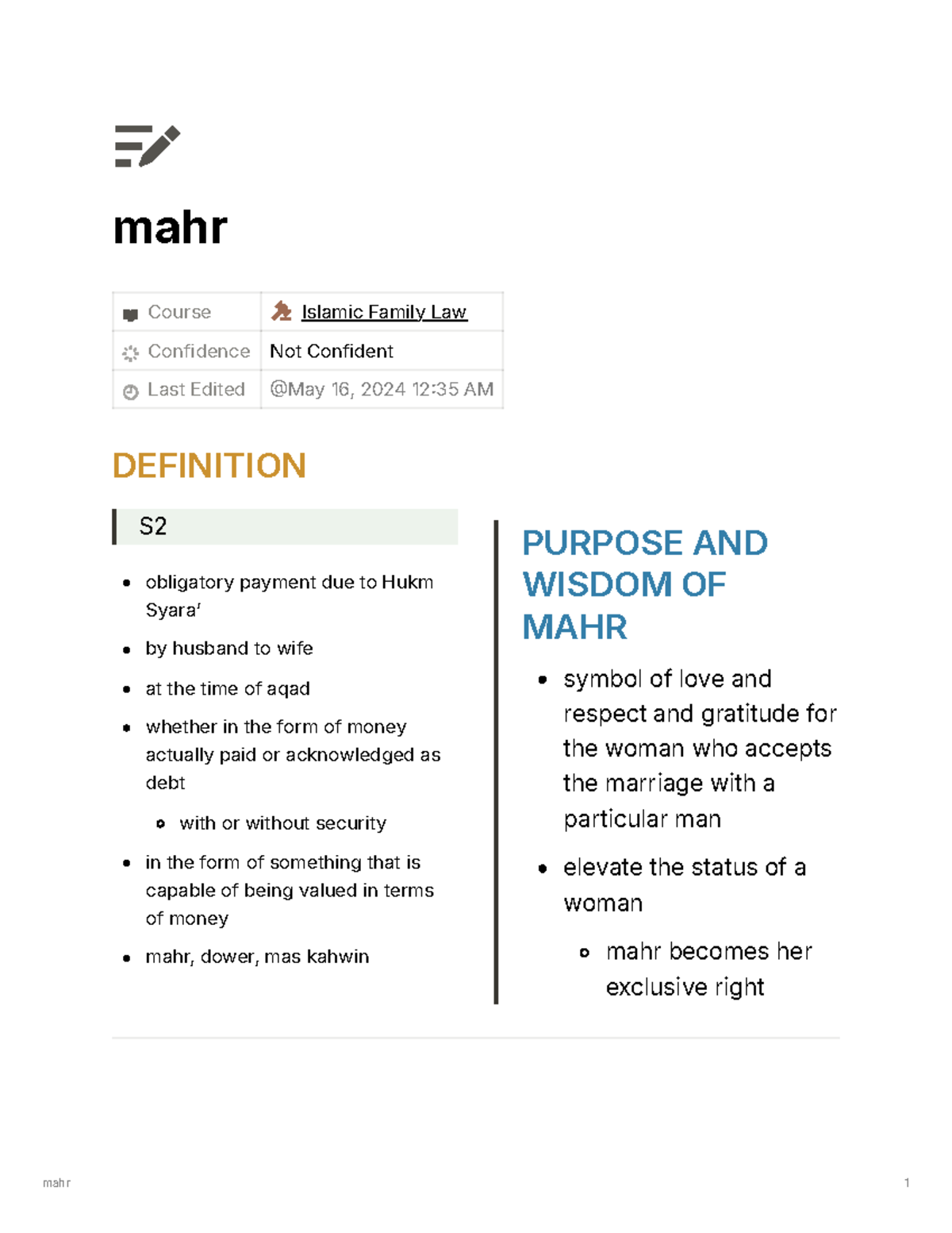 MAHR Revision - mahr Course Islamic Family Law Confidence Not Confident ...