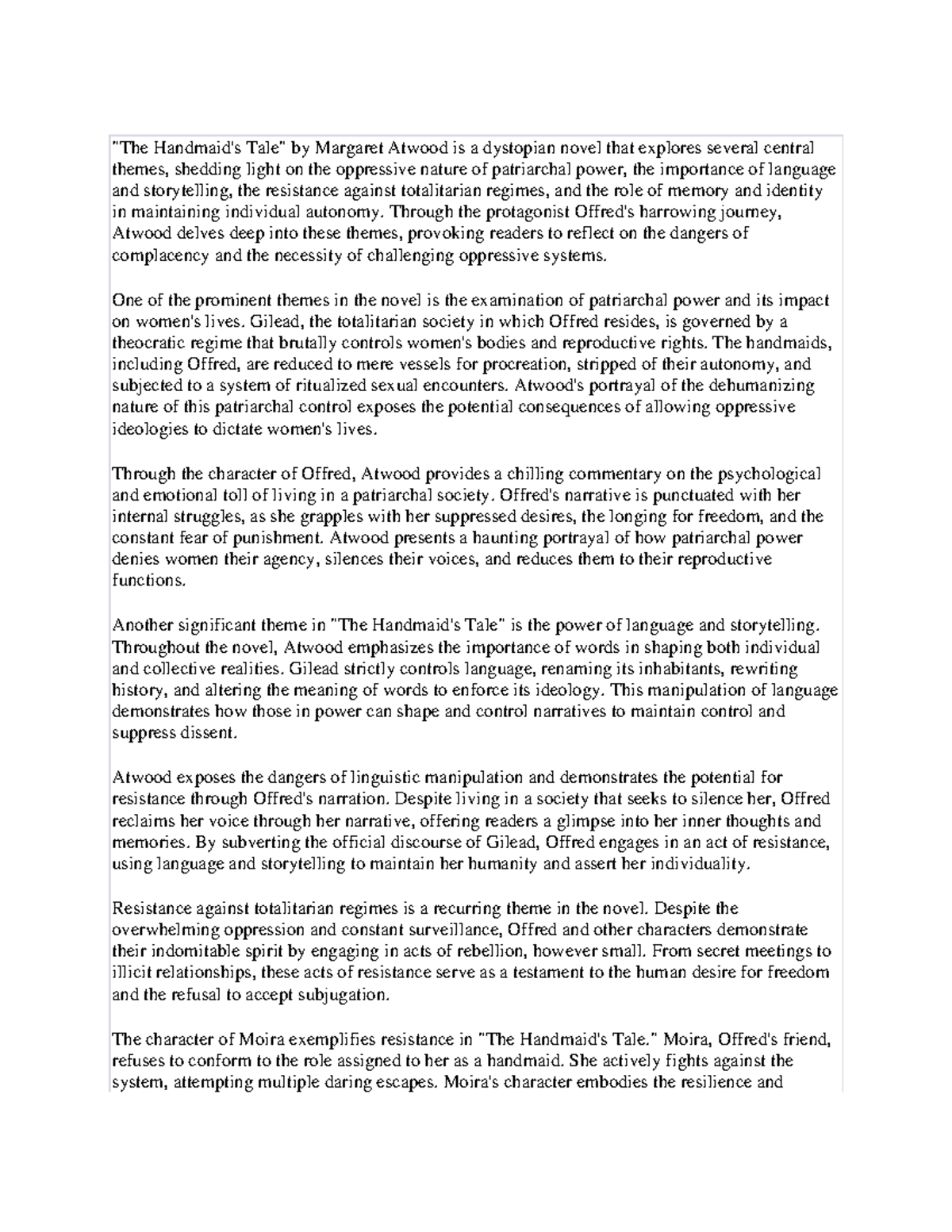 Handmaid's tale essay - "The Handmaid's Tale" by Margaret Atwood is a ...