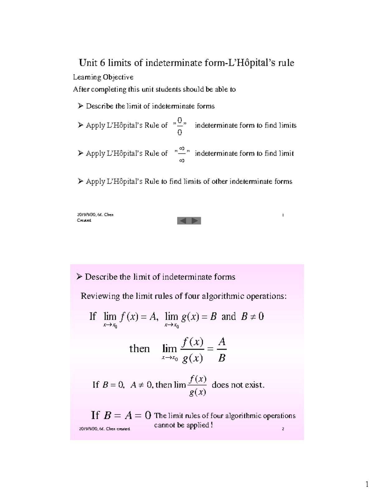 Unit 6 - Limits of Indeterminant form -l'hopital rule F2019 - 2019/9/30 ...