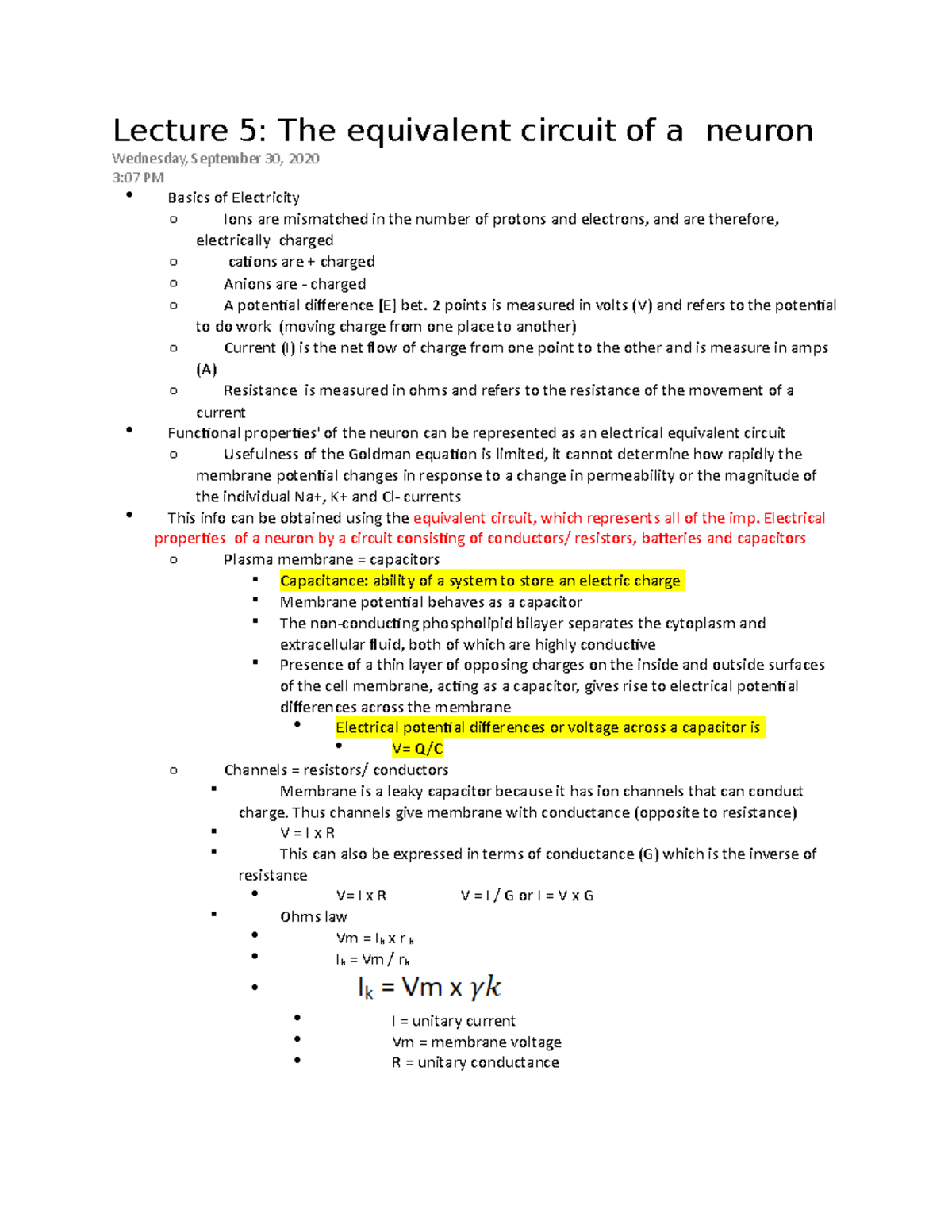 Lecture 5 The equivalent circuit of a neuron - NEURO 301 - U of S - Studocu