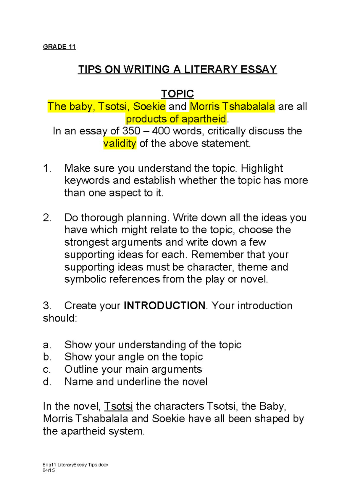 Eng11 Literary Essay Tips Tsotsi - GRADE 11 TIPS ON WRITING A LITERARY ...