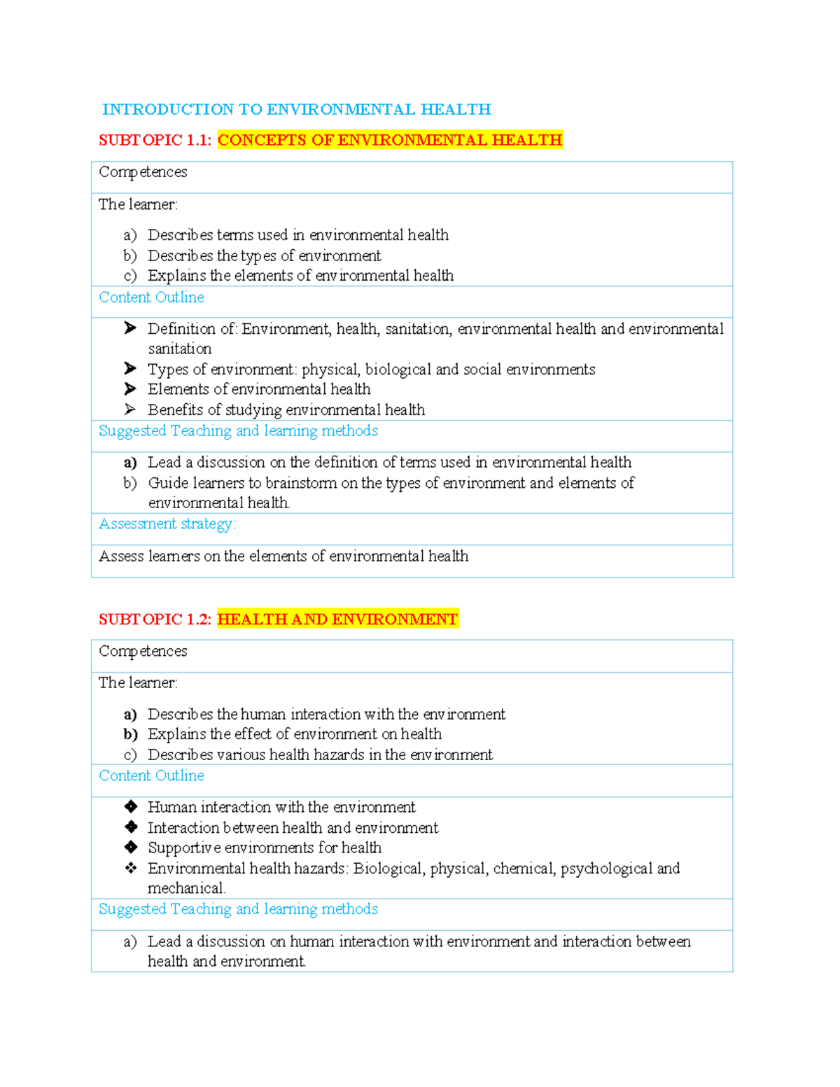 Enviormental teching guide 24 - INTRODUCTION TO ENVIRONMENTAL HEALTH ...