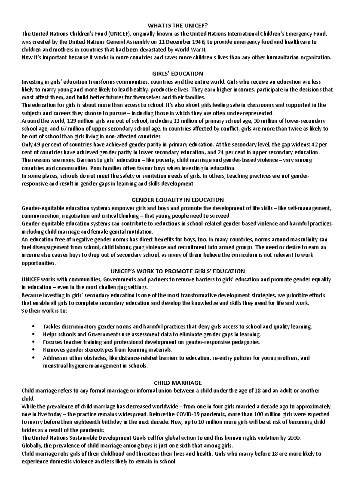 WHAT IS THE UNICEF - WHAT IS THE UNICEF? The United Nations Children's ...