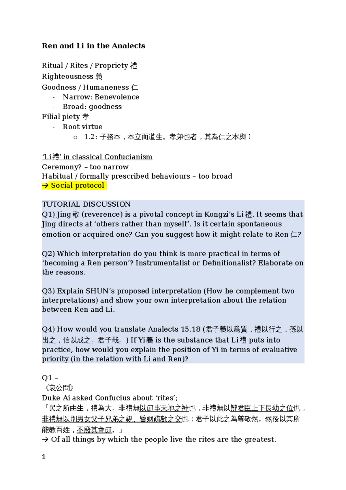 PHIL2430 Lecture 2 - Ren and Li in the Analects Ritual / Rites ...