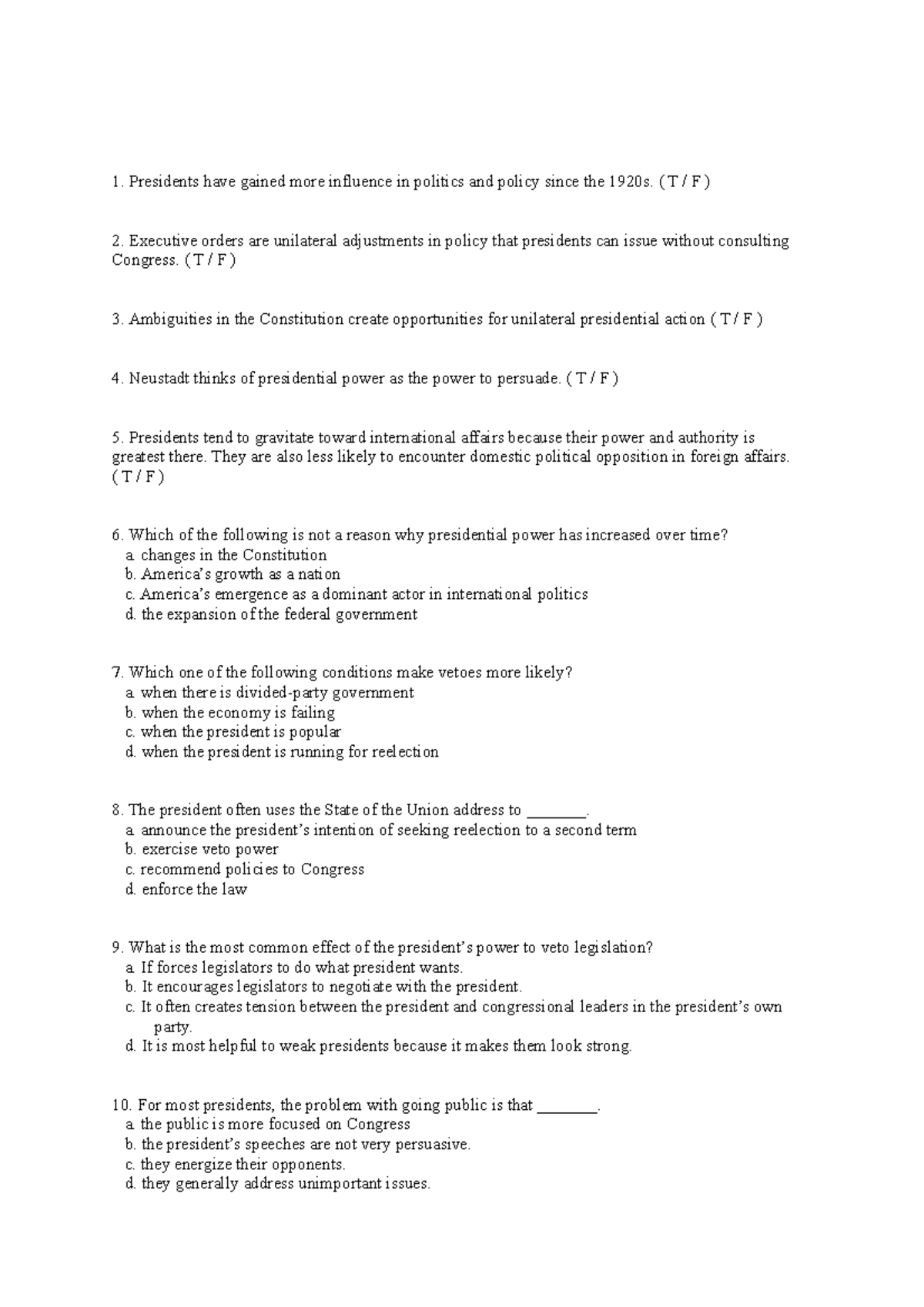 10th Quiz - Quiz Answers - Presidents have gained more influence in ...