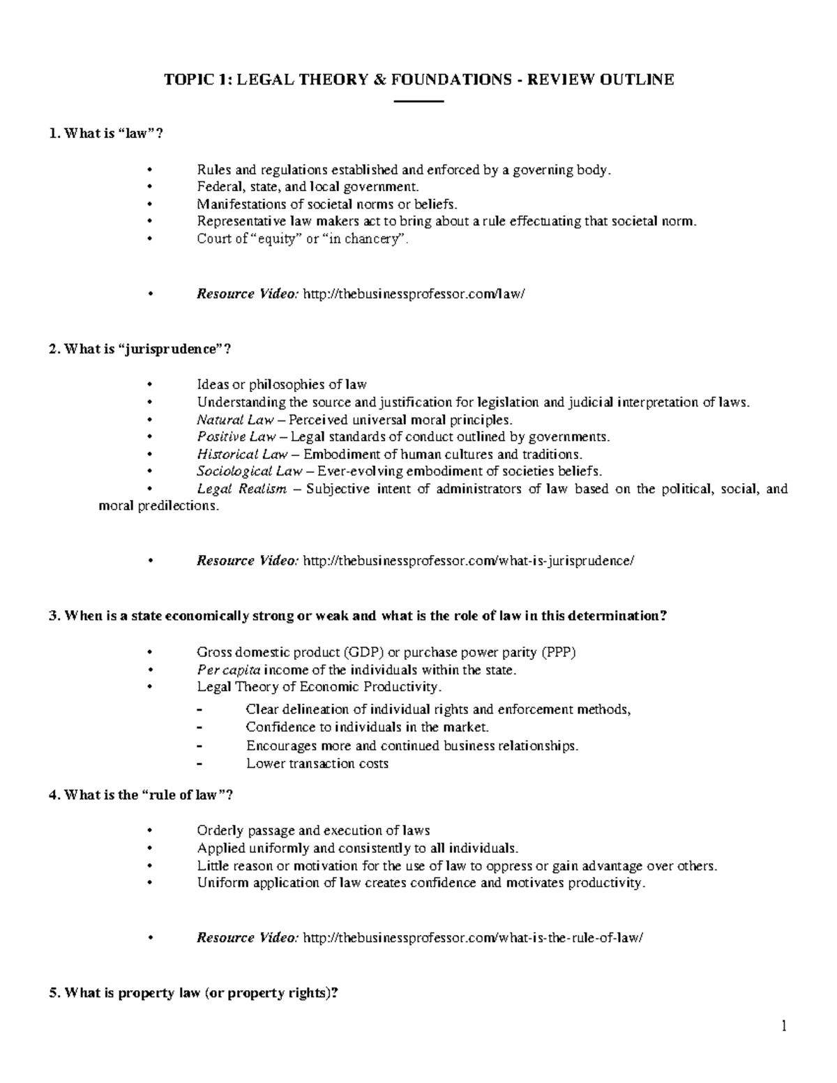 Review Outline 1, Legal Theory and Foundations - TOPIC 1: LEGAL THEORY ...