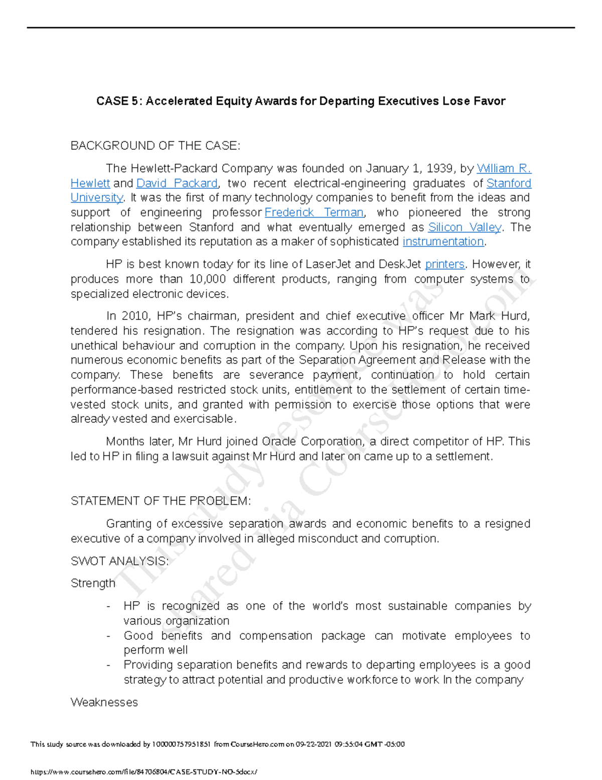 CASE Study NO 5 - CASE 5: Accelerated Equity Awards for Departing ...