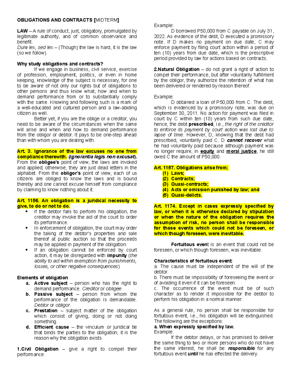 Obligations AND Contracts midterm review - OBLIGATIONS AND CONTRACTS [MIDTERM] LAW – A rule of ...