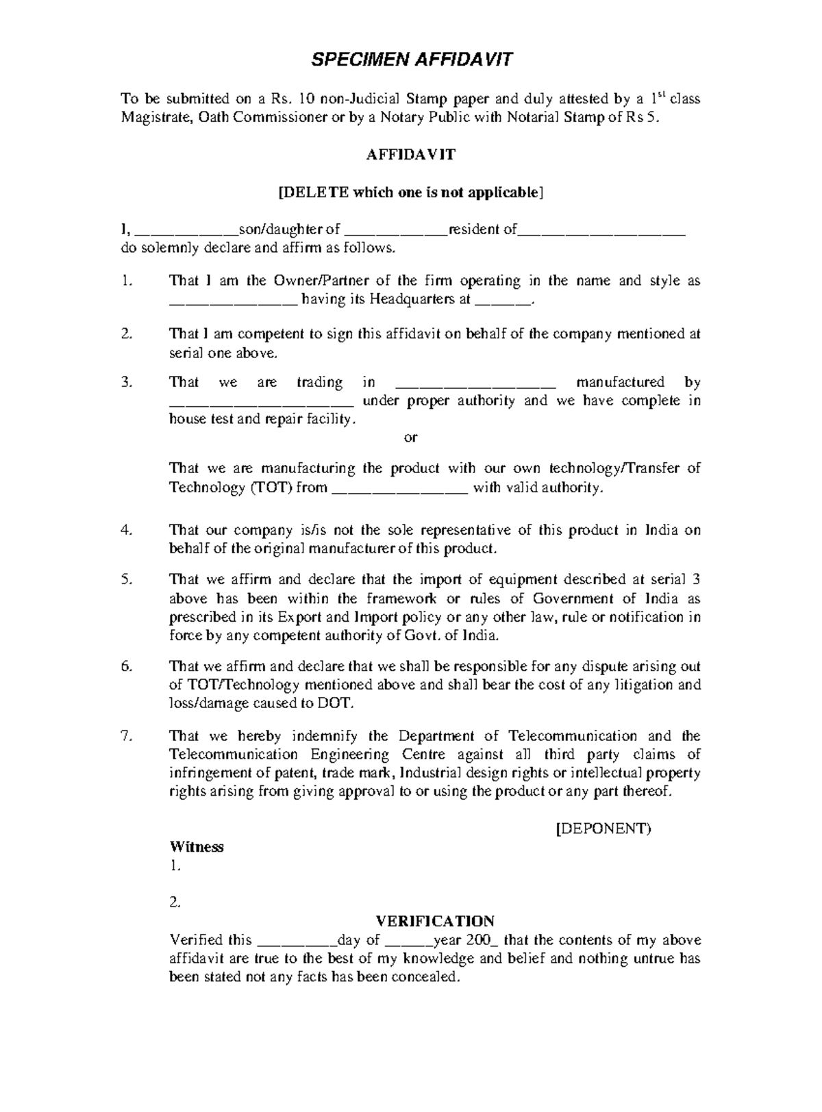 Affidavit - SPECIMEN AFFIDAVIT To be submitted on a Rs. 10 non-Judicial ...