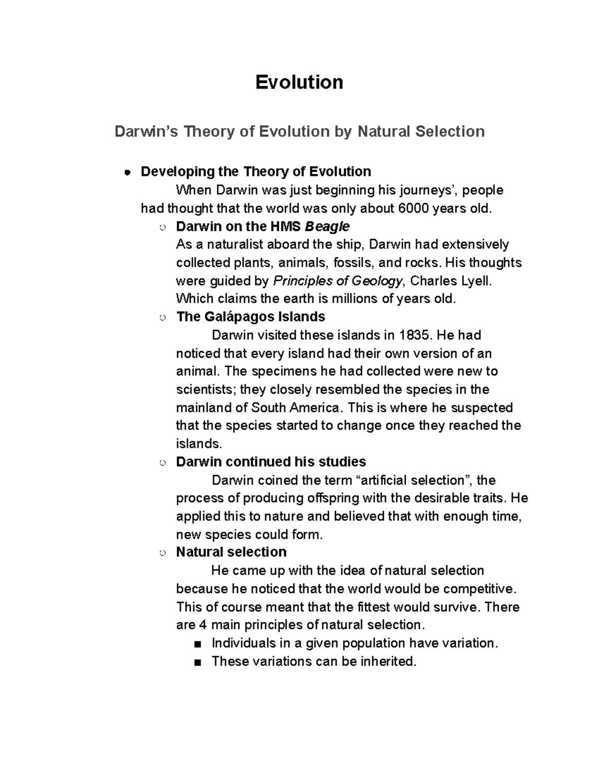 15.1 Outline - Work for high school biology - Evolution Darwin’s Theory ...