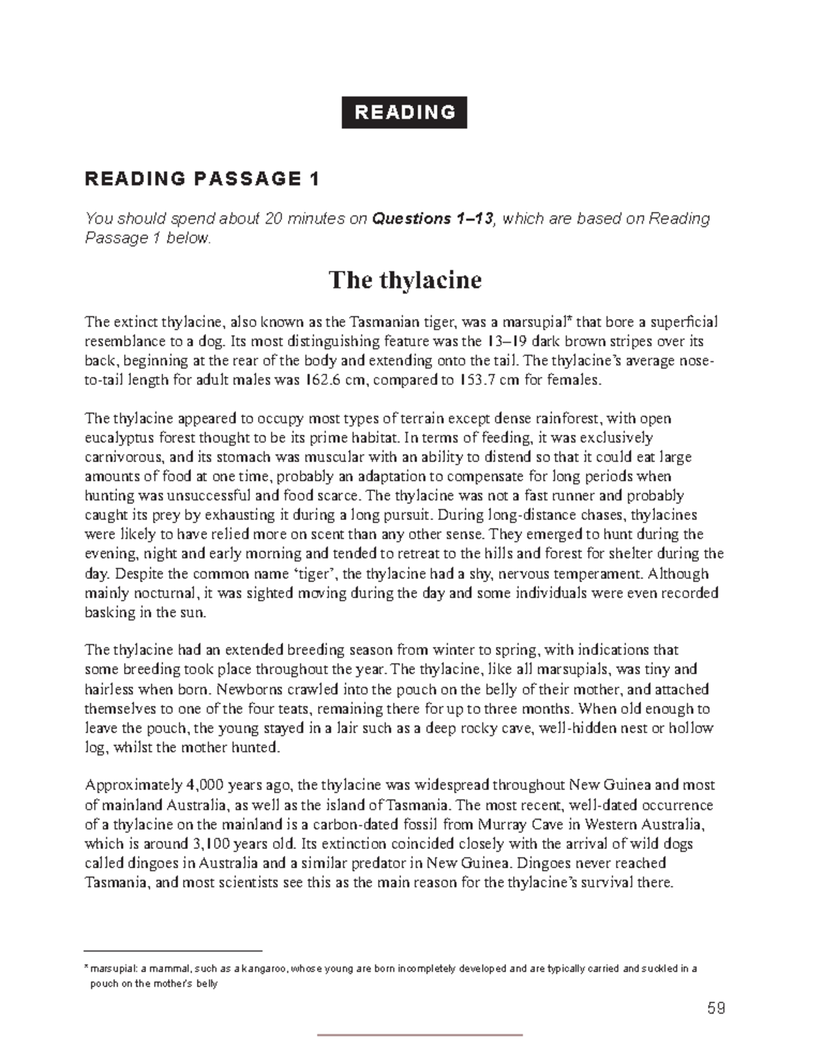 The thylacine Ielts Reading passage pdf - 59 R E A D I N G READING PA ...