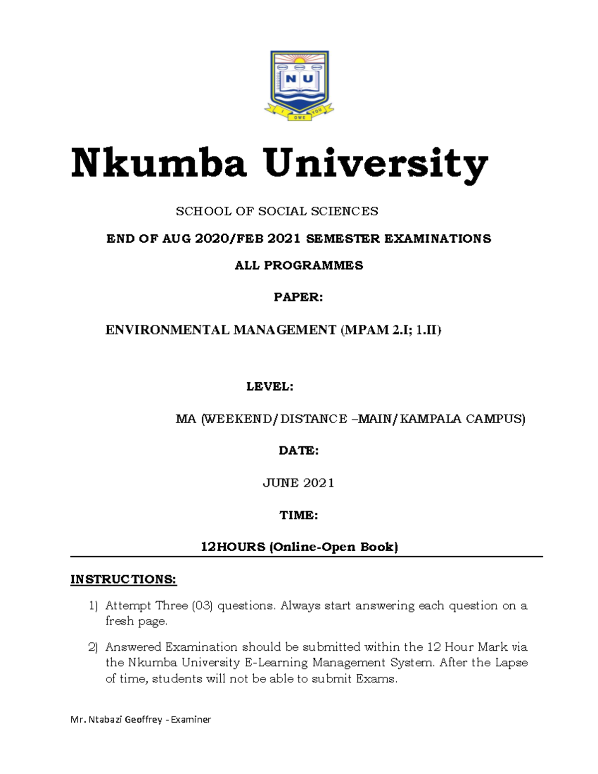Environmental Management - Nkumba University SCHOOL OF SOCIAL SCIENCES ...