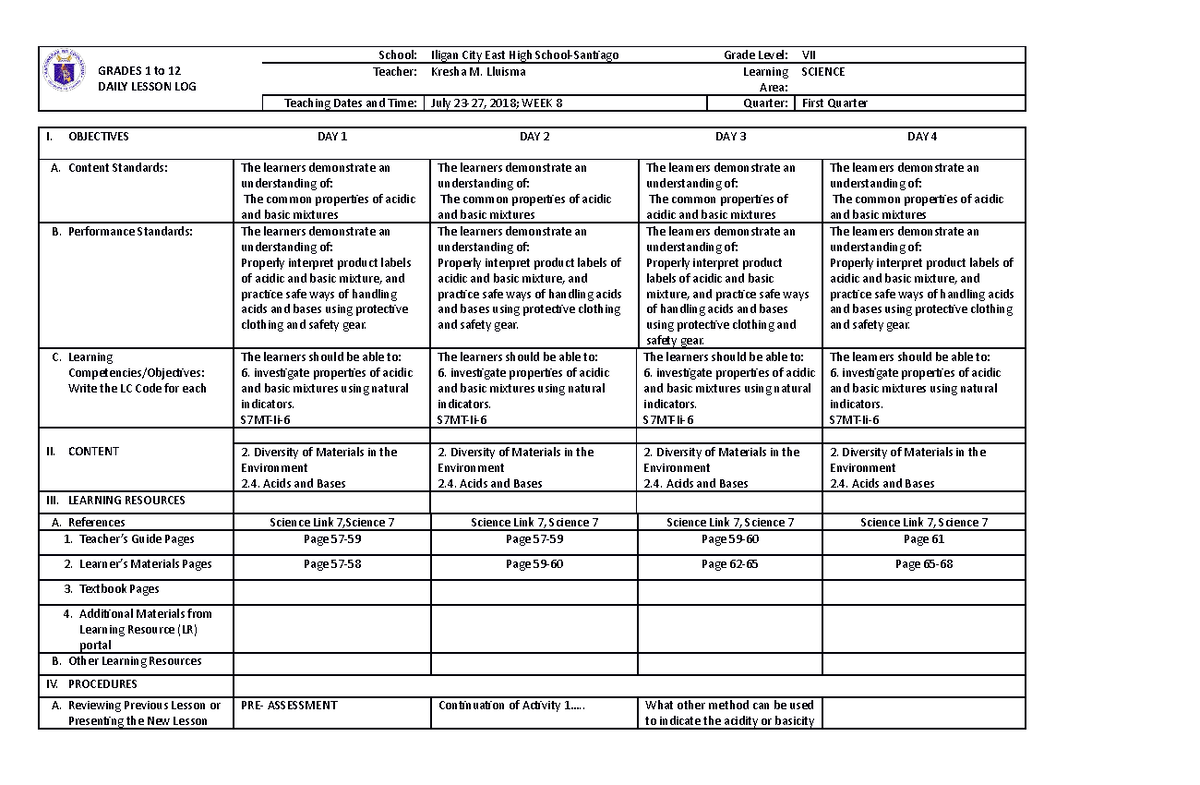 DLL Science Q1 W8 - LESSON PLAN IN BIOLOGY - GRADES 1 to 12 DAILY ...