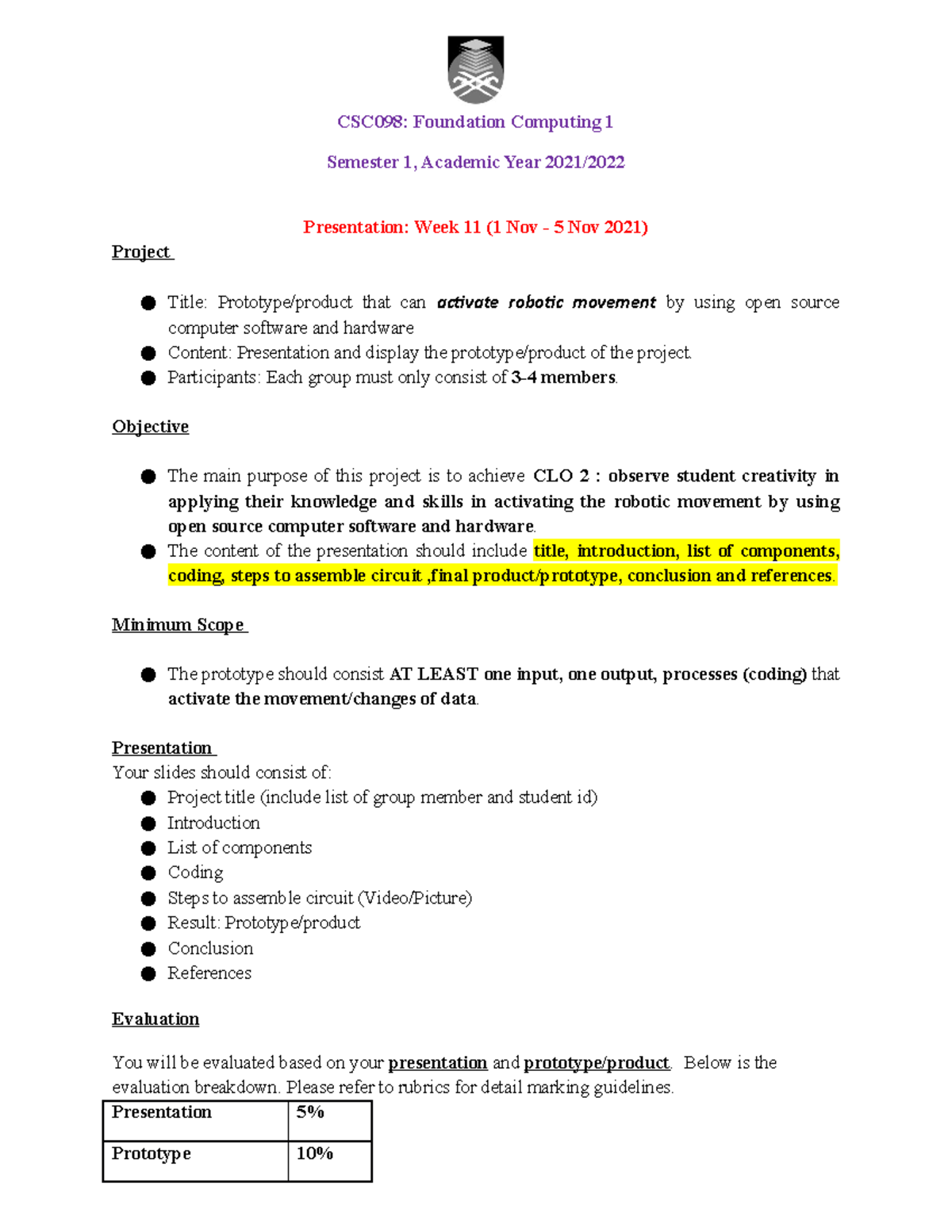 Project Guideline CSC098 Aug2021 - CSC098: Foundation Computing 1 ...