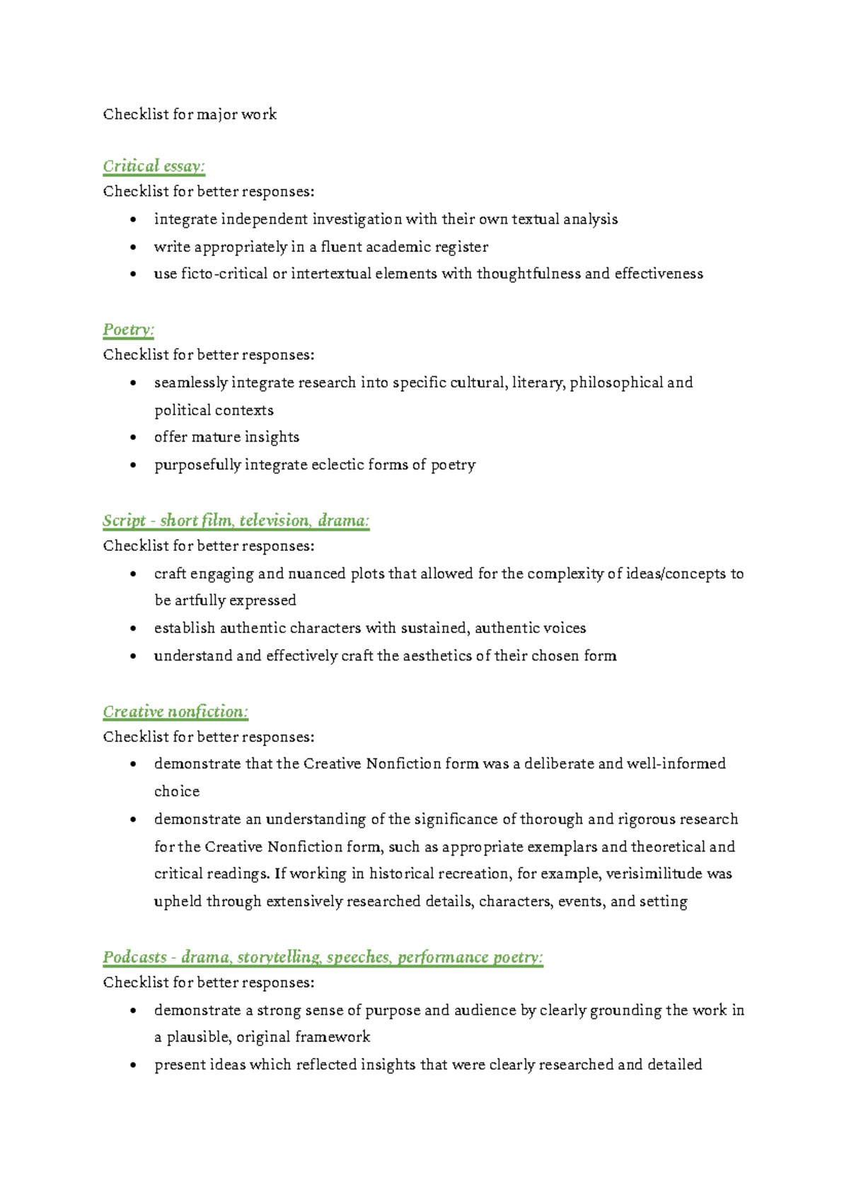 Checklist for major work - Checklist for major work Critical essay ...