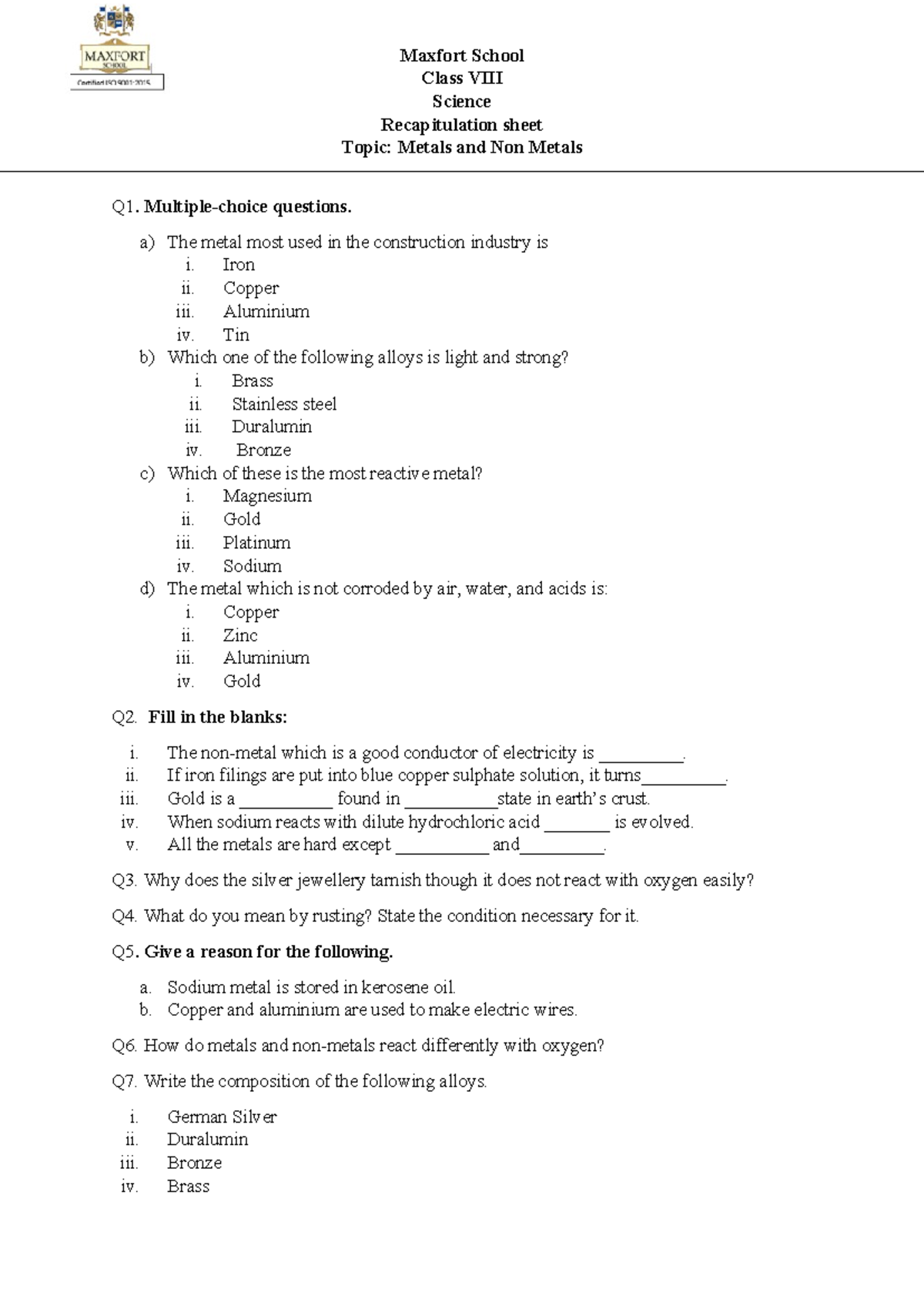 Recap sheet metals and non-metals - Maxfort School Class VIII Science ...