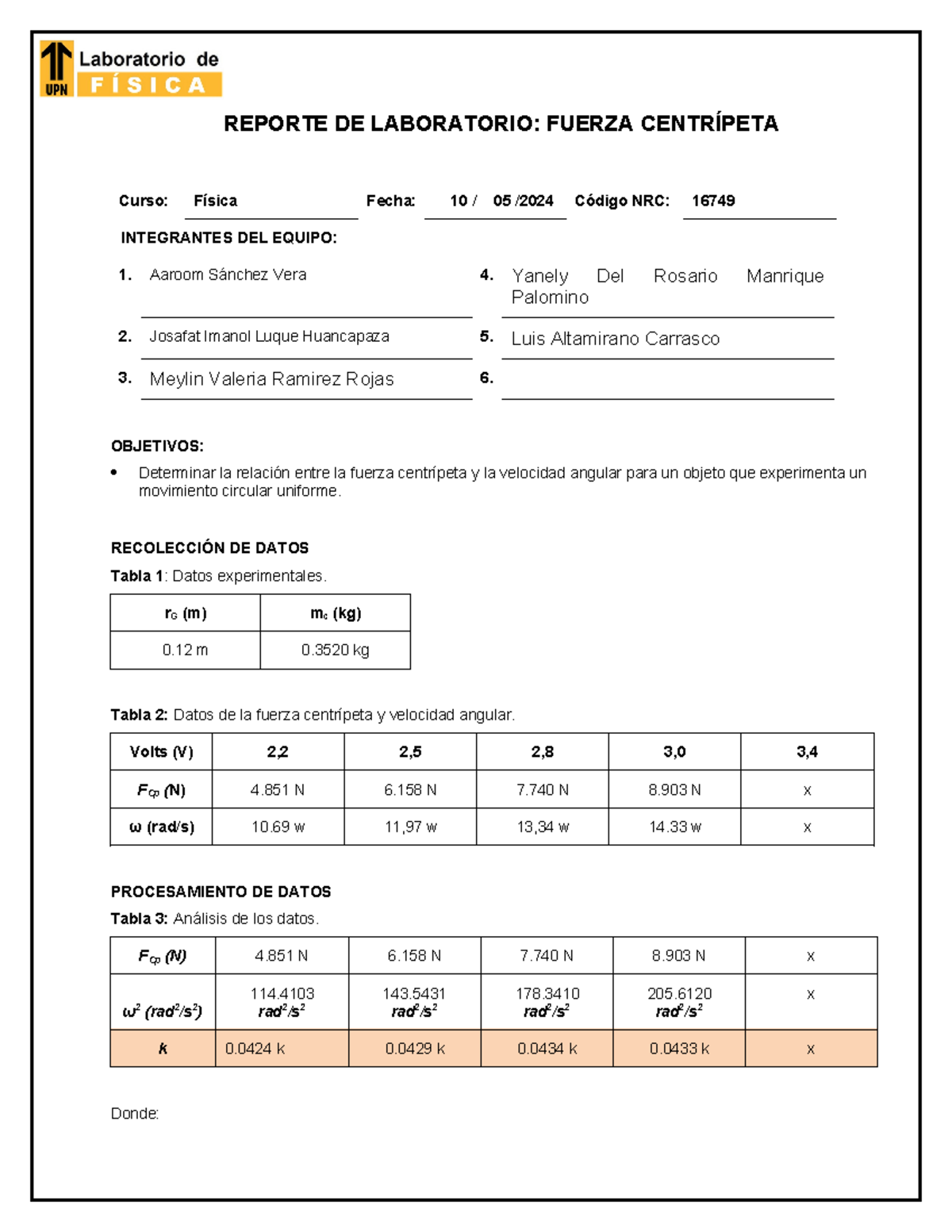 7 Reporte LAB FISI1 S07 FC 2024 - REPORTE DE LABORATORIO: FUERZA ...