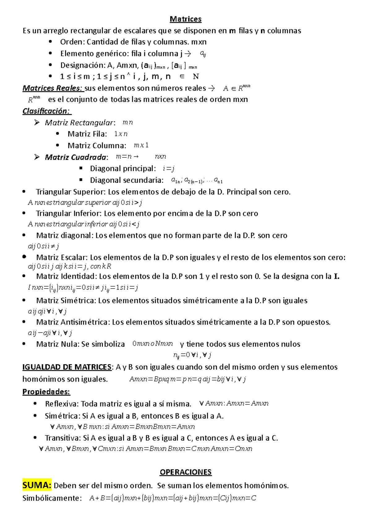 MATE II - Matrices - RESUMEN TEORIA - DEFINICION Y PROPIEDADES ...