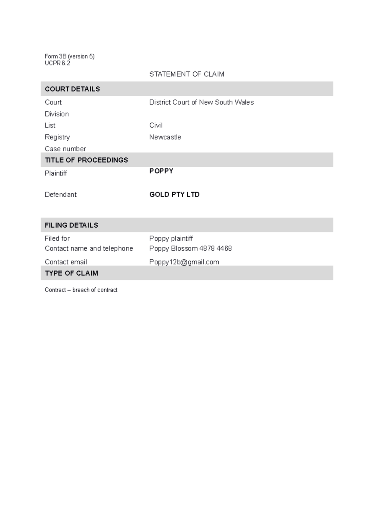 Yanis Statement Of Claim Form 3B version 5 UCPR 6 STATEMENT OF yanis-statement-of-claim-form-3b-version-5-ucpr-6-statement-of