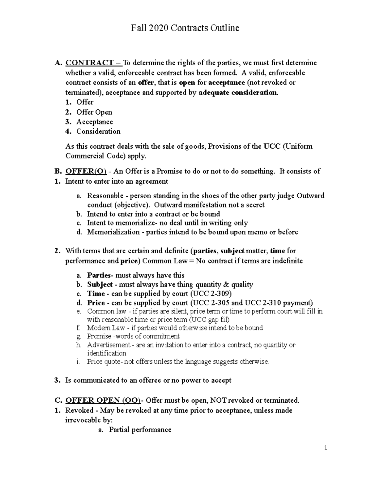 Fall 2020 Contracts Outline - A. CONTRACT – To determine the rights of ...