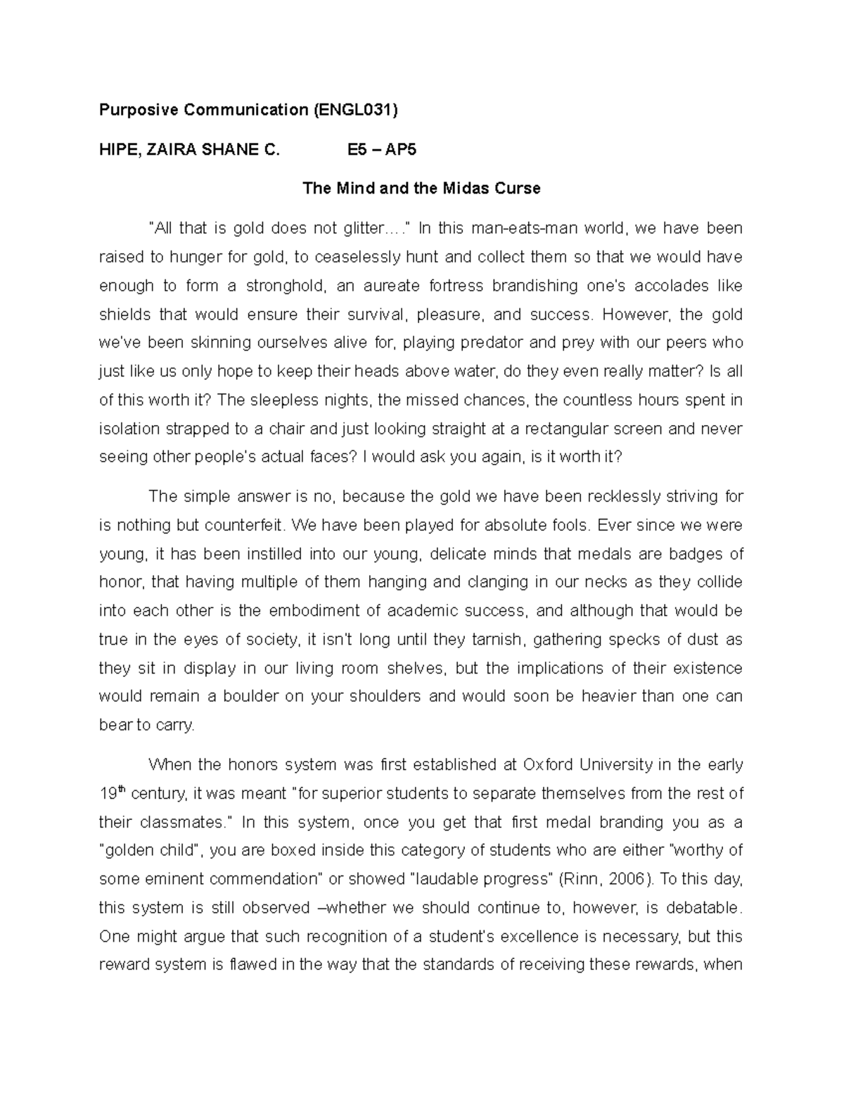 Argumentative essay - Purposive Communication (ENGL031) HIPE, ZAIRA ...