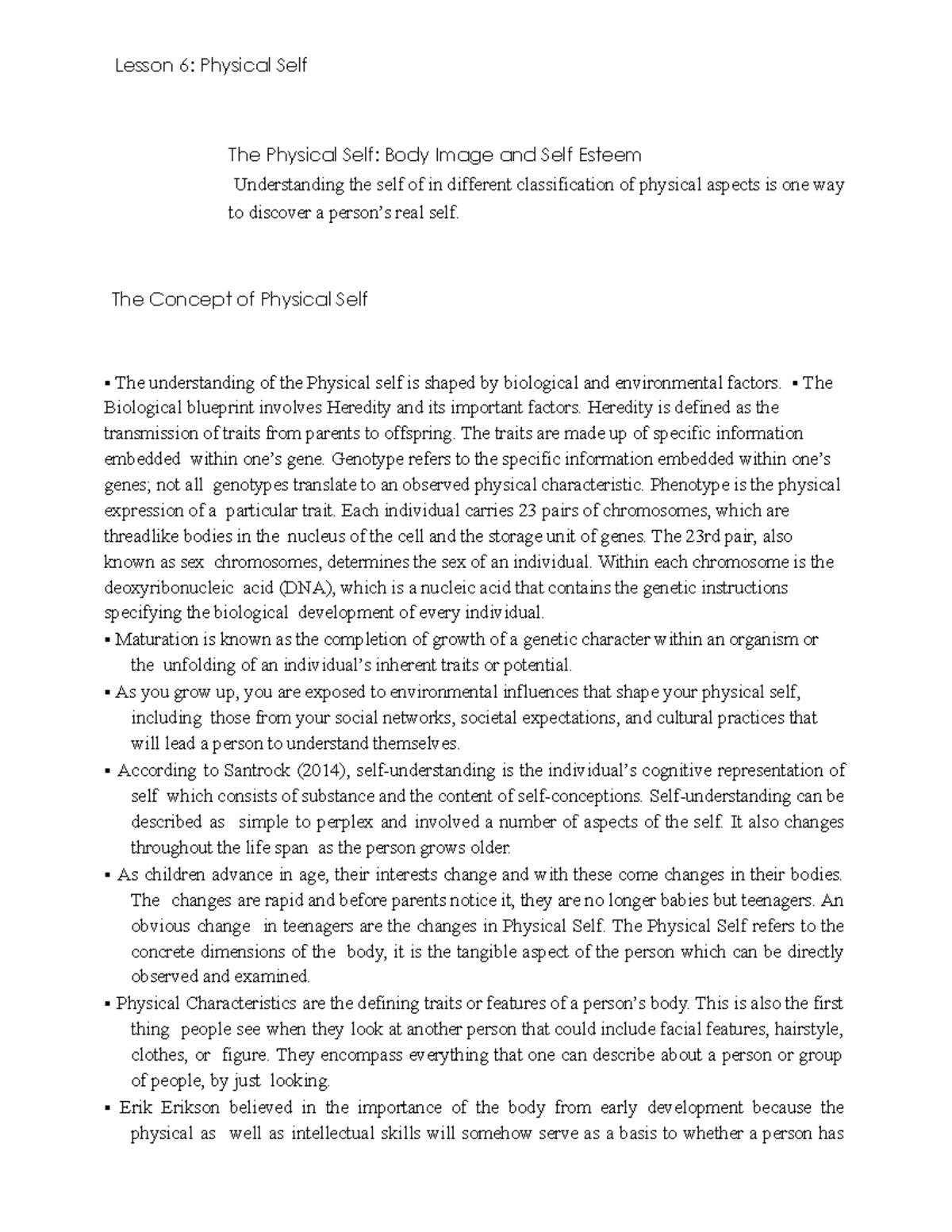 Lesson 6 Physical Self (Concept of Physical Self) - Lesson 6: Physical ...