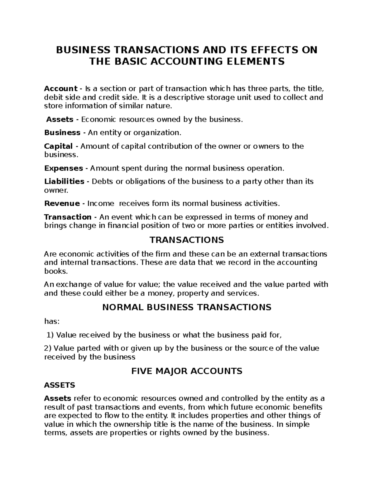 Fundamentals of Accounting - Topic 2 - BUSINESS TRANSACTIONS AND ITS ...