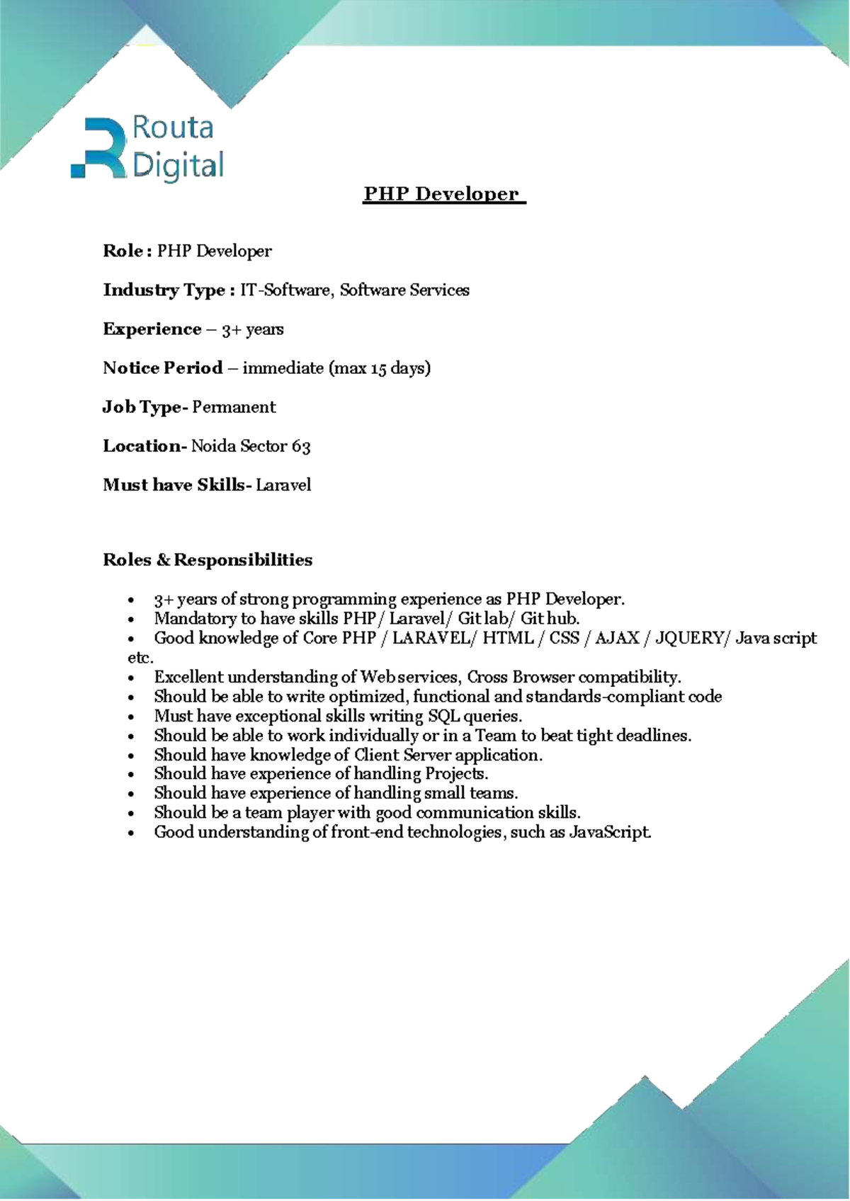 JD PHP - PHP Developer Role : PHP Developer Industry Type : IT-Software, Software Services - Studocu