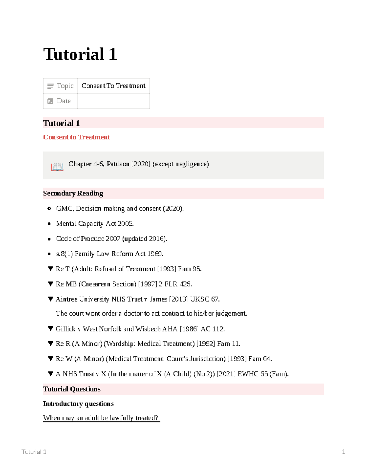 Tutorial 1 - Tutorial 1 Topic Consent To Treatment Date Tutorial 1 ...