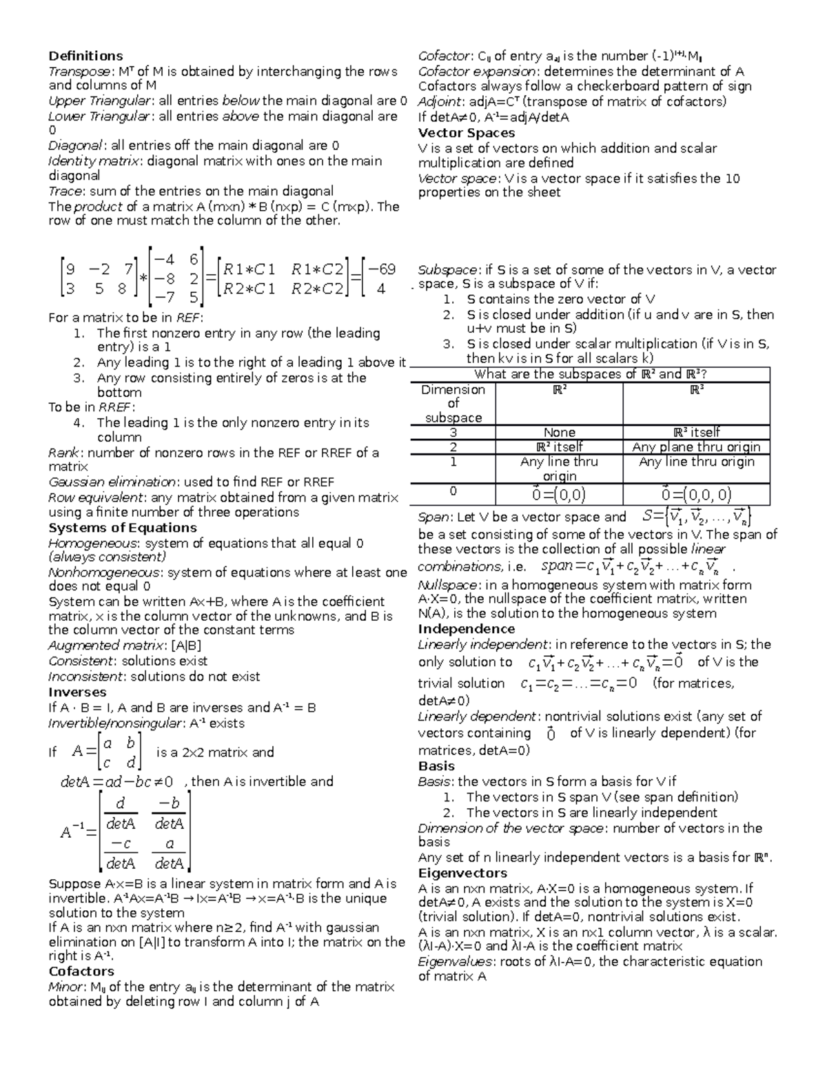 Midterm 2 Formula Sheet - Definitions Transpose: MT of M is obtained by ...