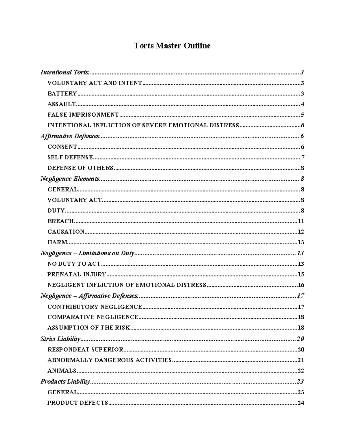 Torts Master Outline Current 2024 - Torts Master Outline Intentional ...