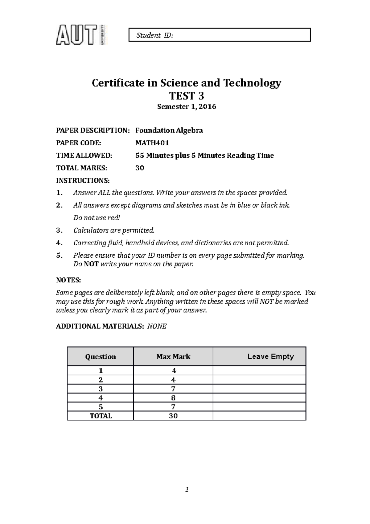 Test 2016 s1, questions and answers - Student ID: Certificate in ...