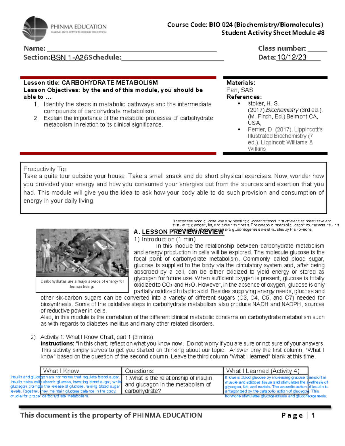 SAS for Biochemistry BIO 024 Module 8 1 - Student Activity Sheet Module ...