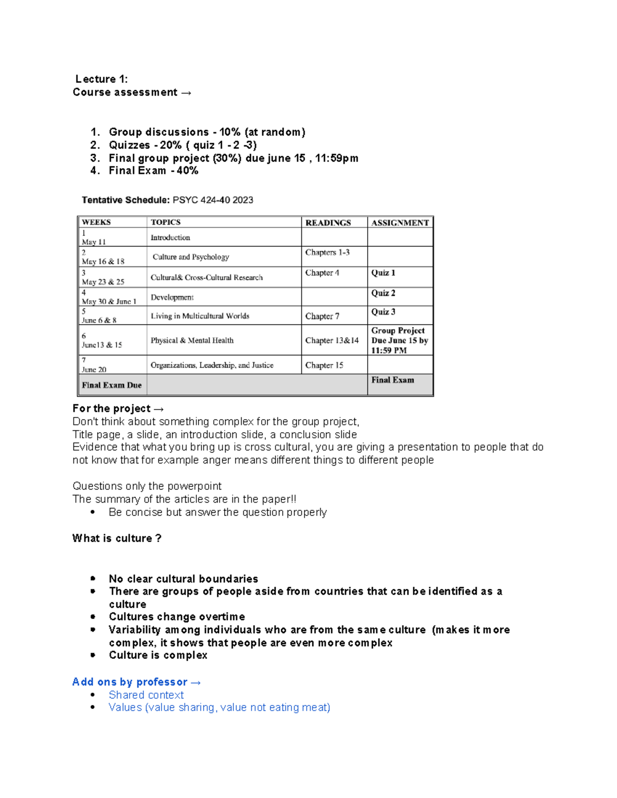 Psyc 424 lecture notes summer 2023 - Lecture 1: Course assessment → ...
