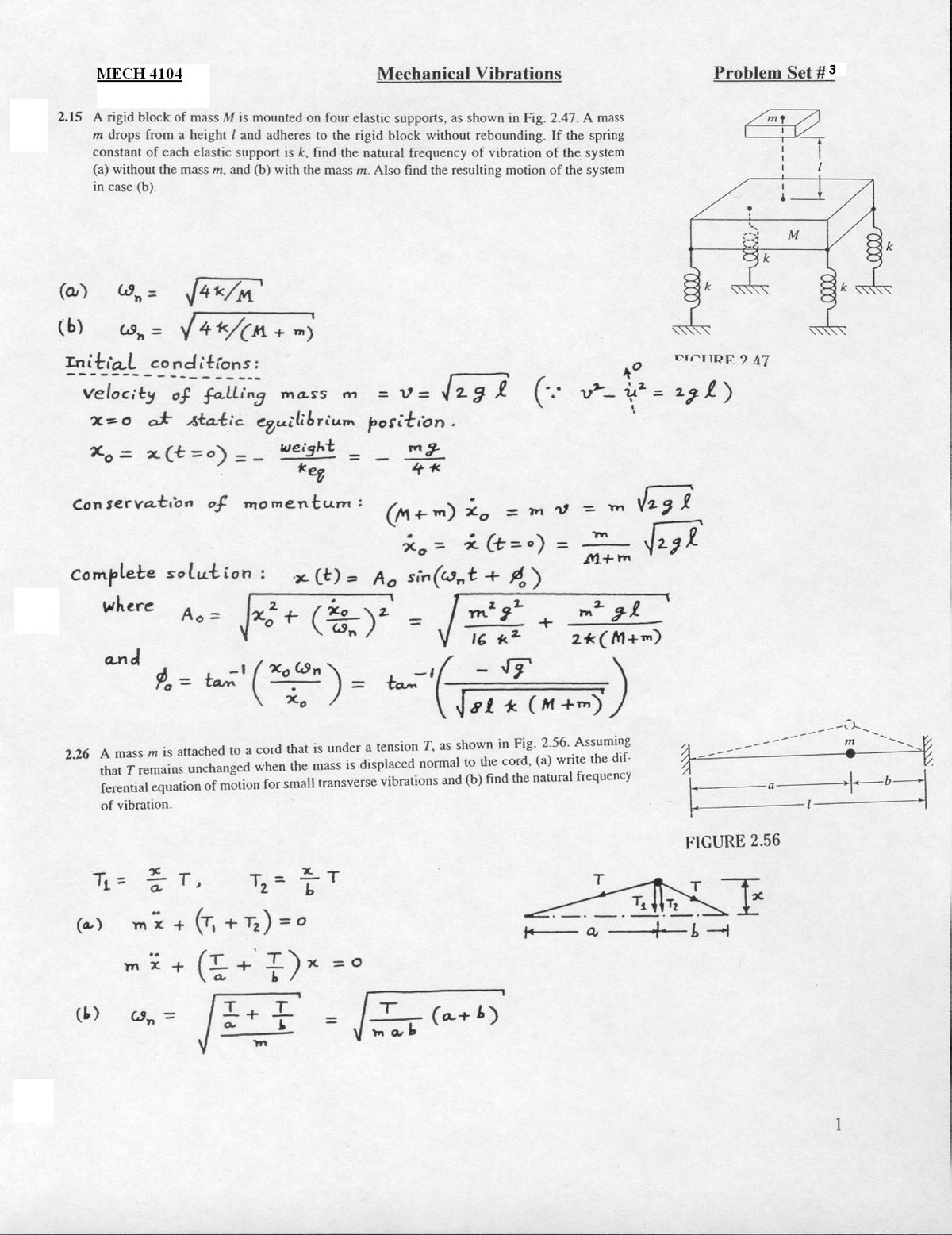 problem question 1 set - ProblemSet# 3 Mechanical Vibrations MECH 4104 ...