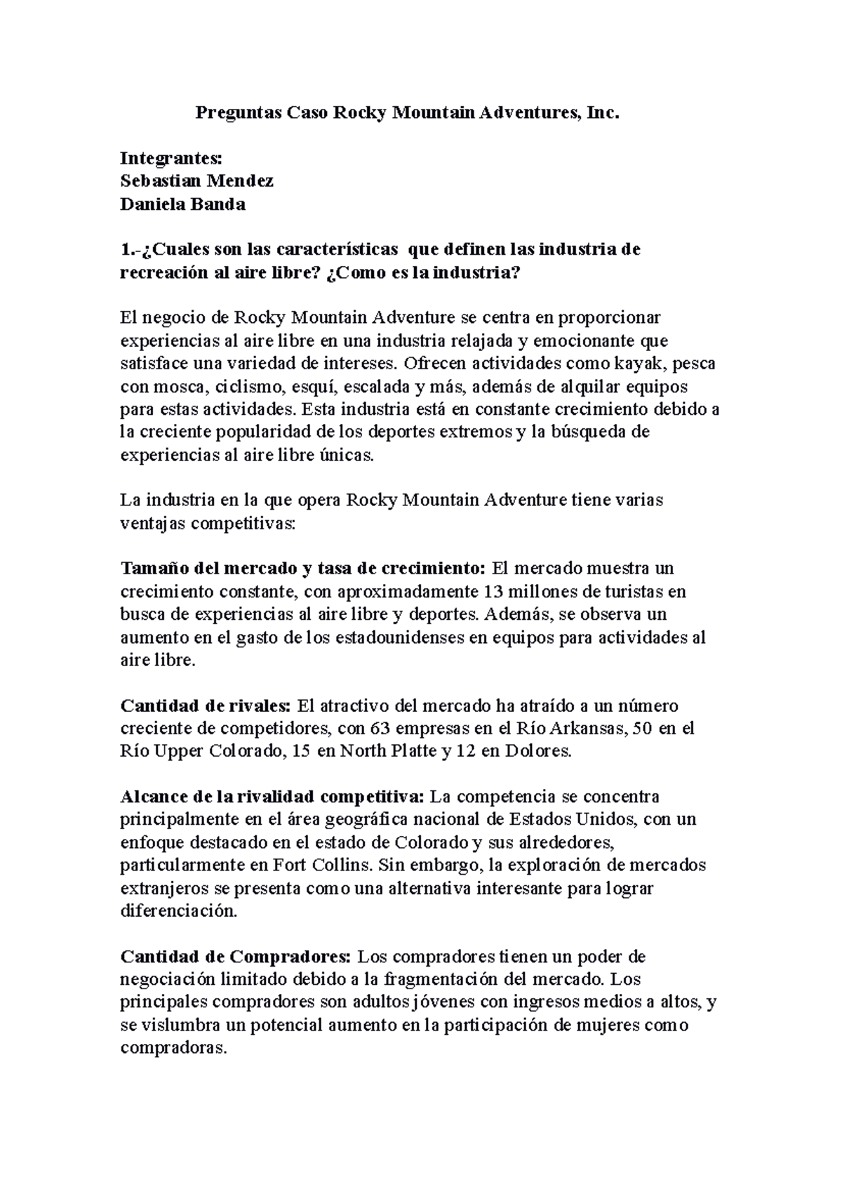 Preguntas Caso Rocky Mountain Adventures sebastian mendez- daniela ...