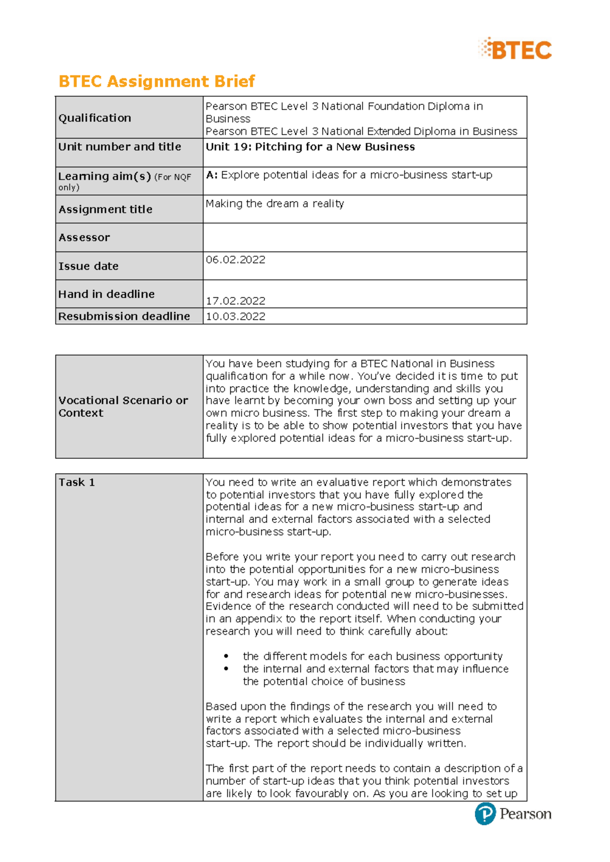 Assignment 1 brief - BTEC Assignment Brief Qualification Pearson BTEC ...