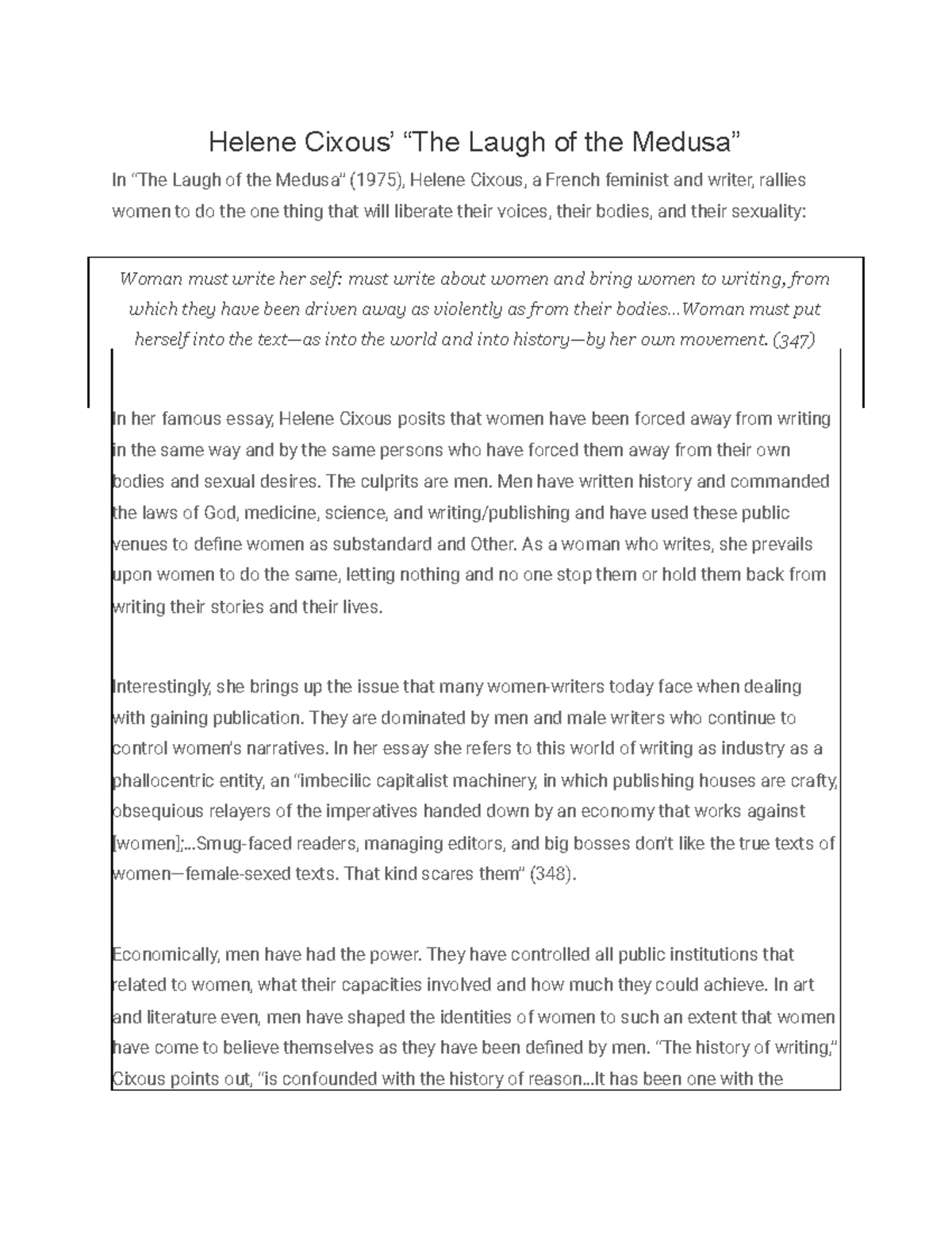 Helene Cixous’ “The Laugh of the Medusa” - (347) In her famous essay ...