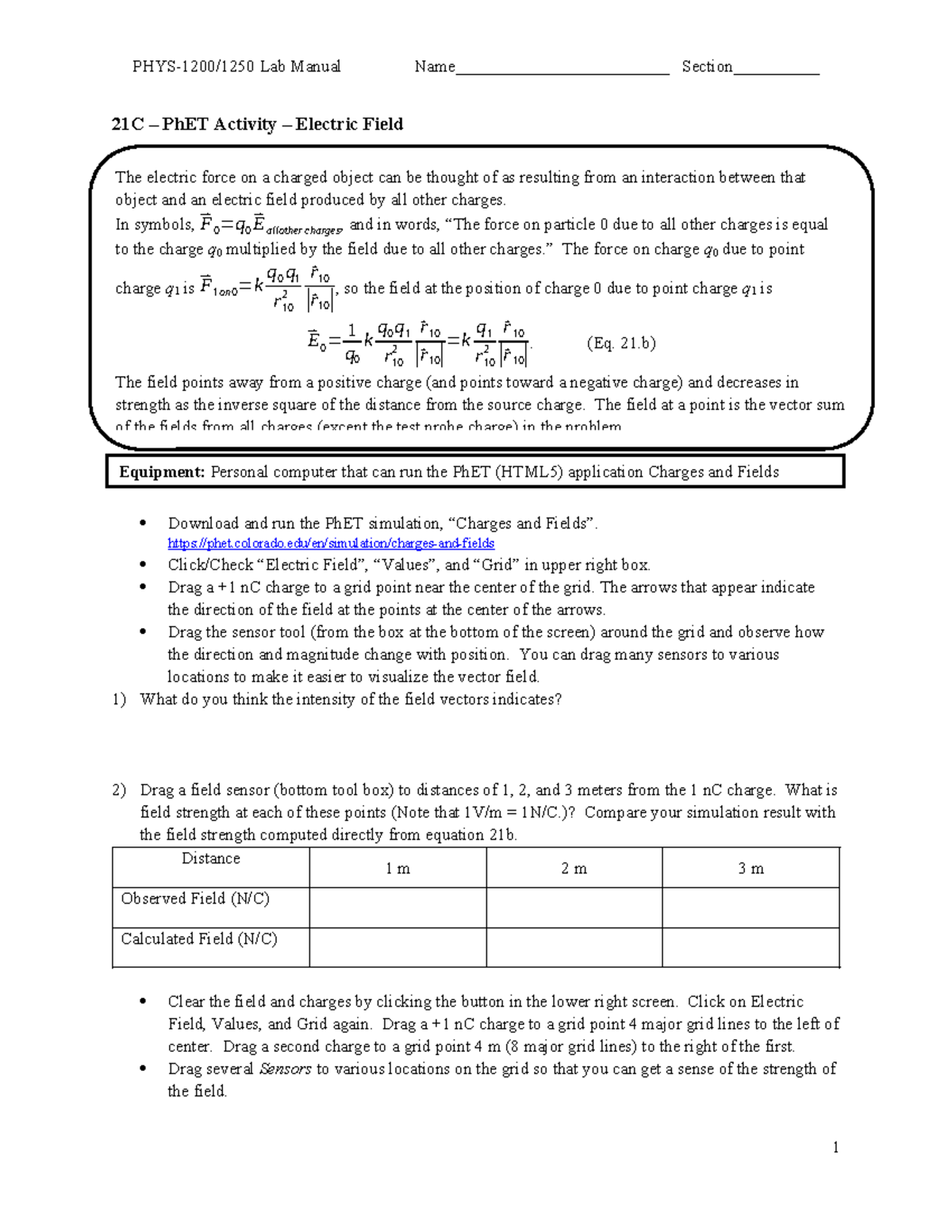 Physics 2 lab 2 - 21C – PhET Activity – Electric Field Download and run ...