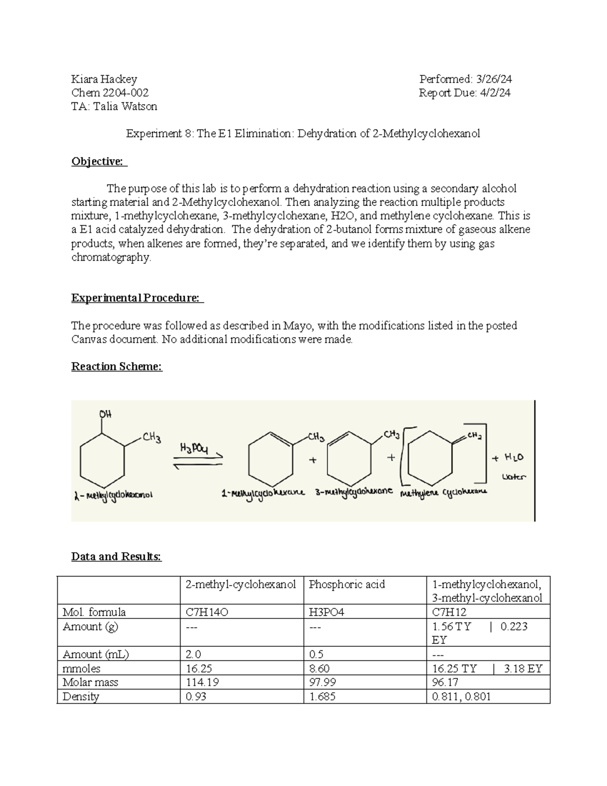 Module 9 lab report - Kiara Hackey Performed: 3/26/ Chem 2204-002 ...