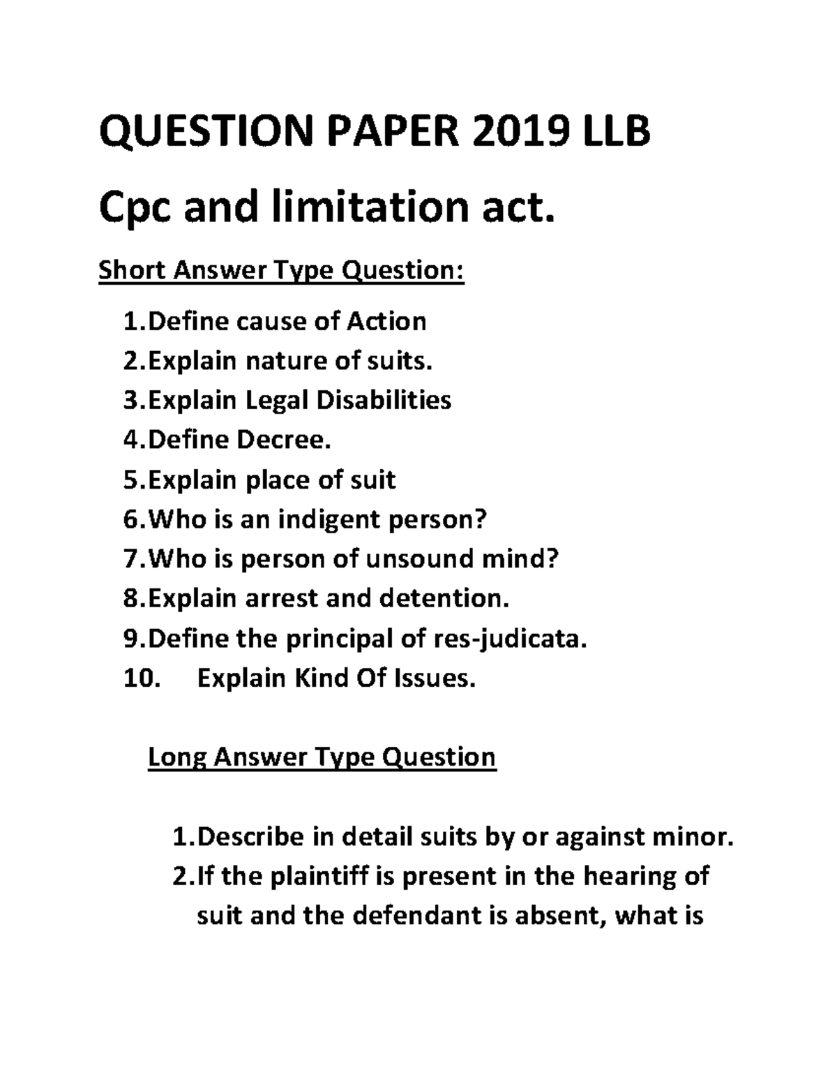 CPC - Notes - QUESTION PAPER 2019 LLB Cpc and limitation act. Short ...