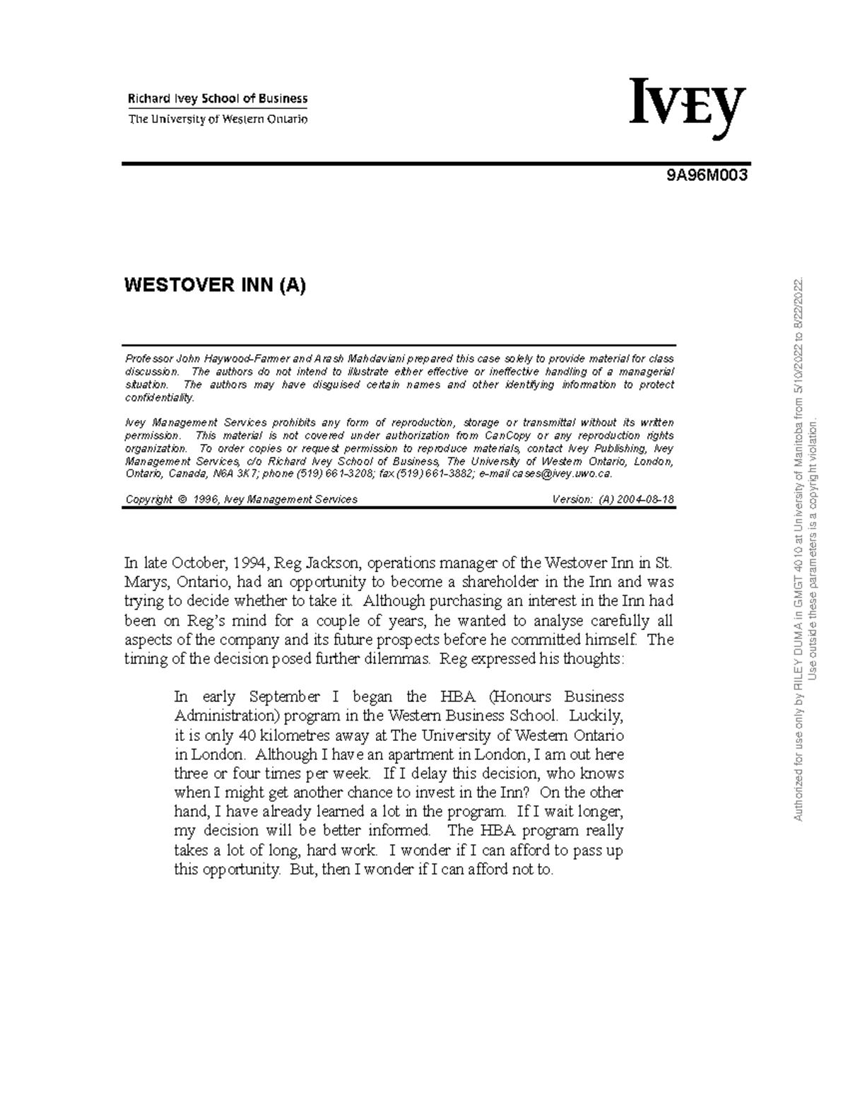 9A96M003 pcu - Case study for coke - S w 9A96M WESTOVER INN (A ...