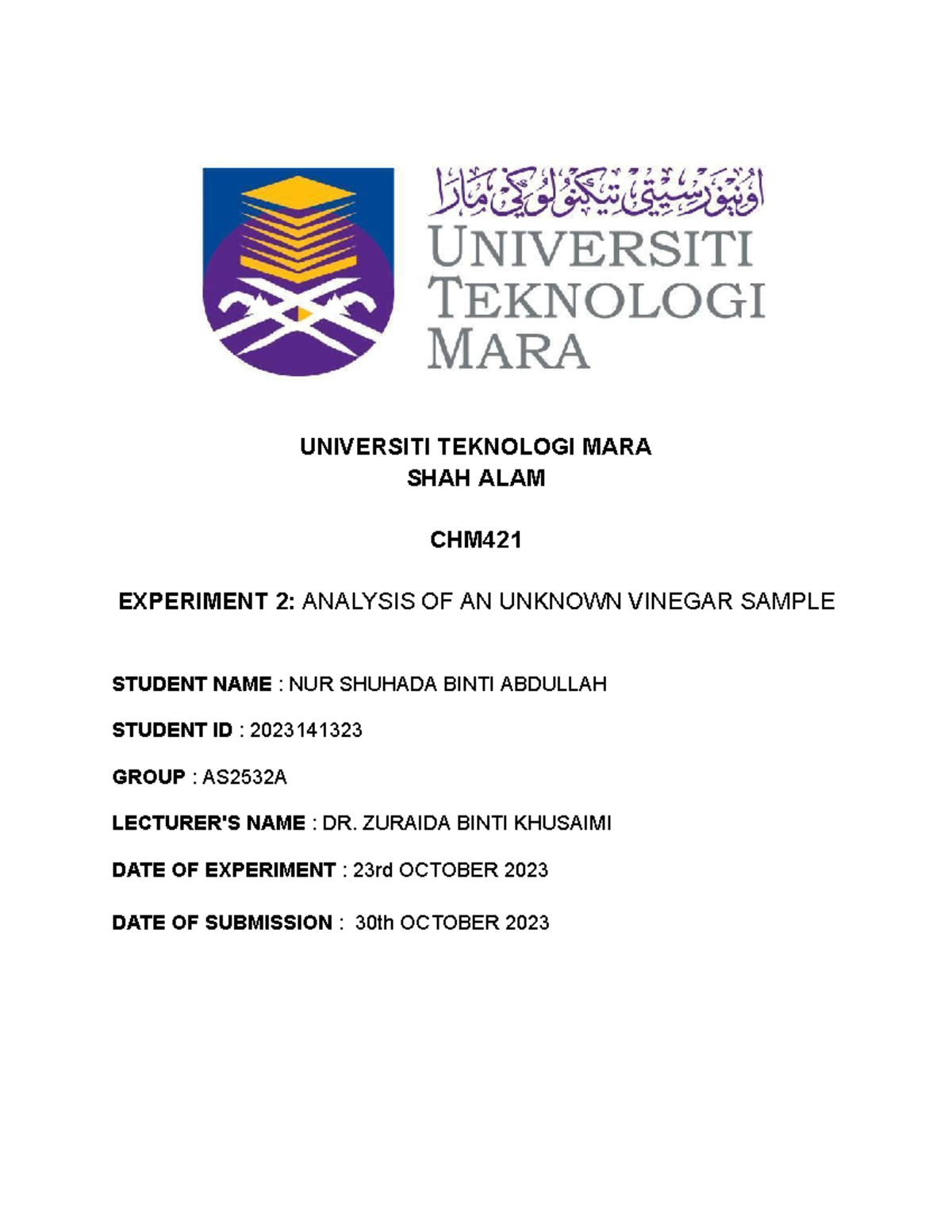 Lab Report CHM421 EXP2 - For reference - UNIVERSITI TEKNOLOGI MARA SHAH ...