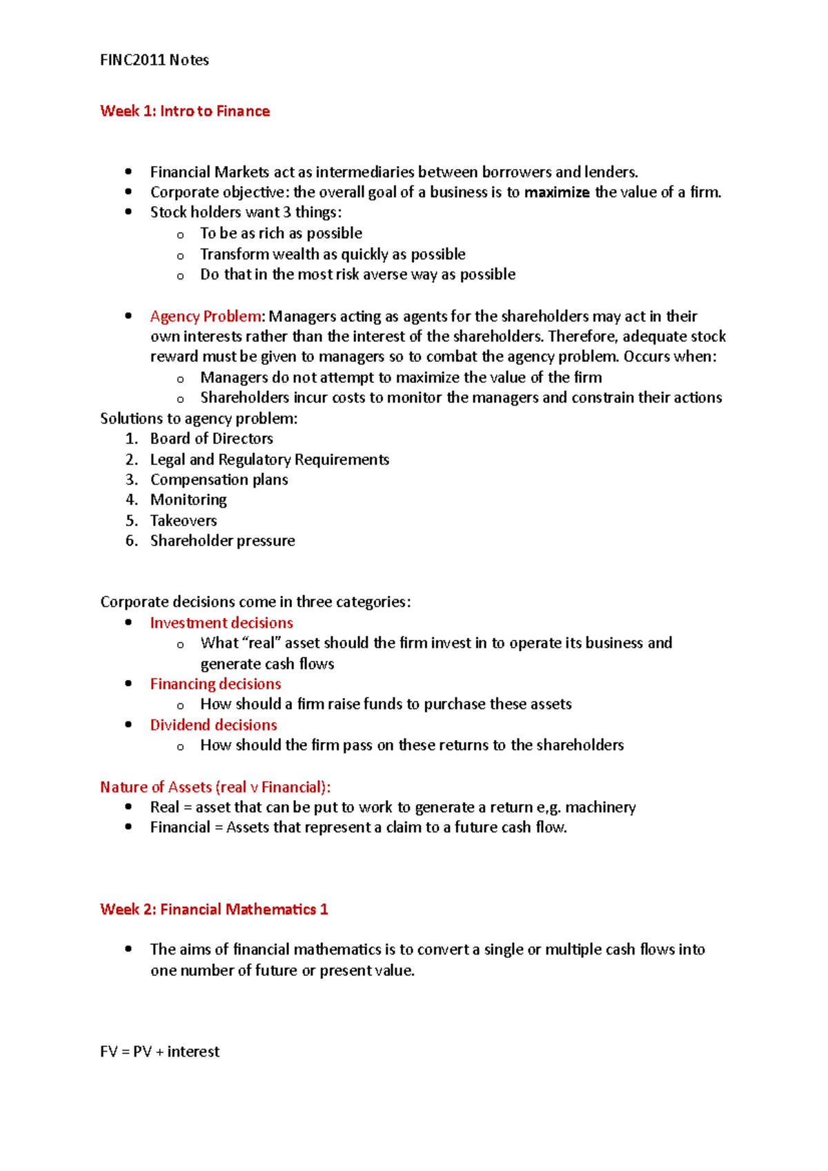 FINC2011 lecture notes and formulas - Week 1: Intro to Finance ...
