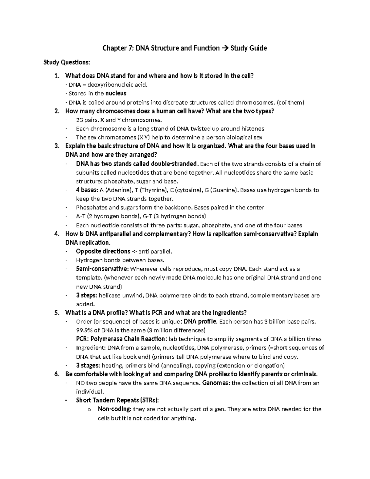 BIO 100 EXAM 2 - notes for exam 2 - Chapter 7: DNA Structure and ...