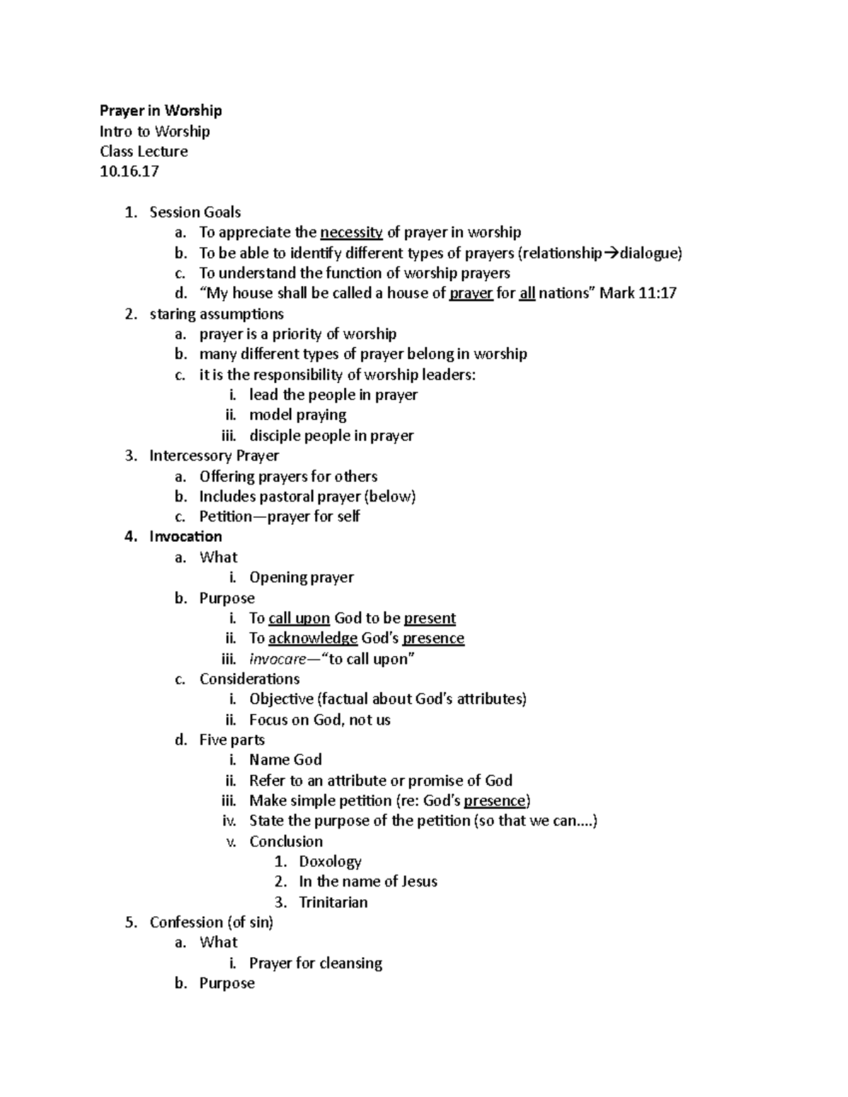 Prayer in Worship - Lecture notes class lecture - Prayer in Worship ...