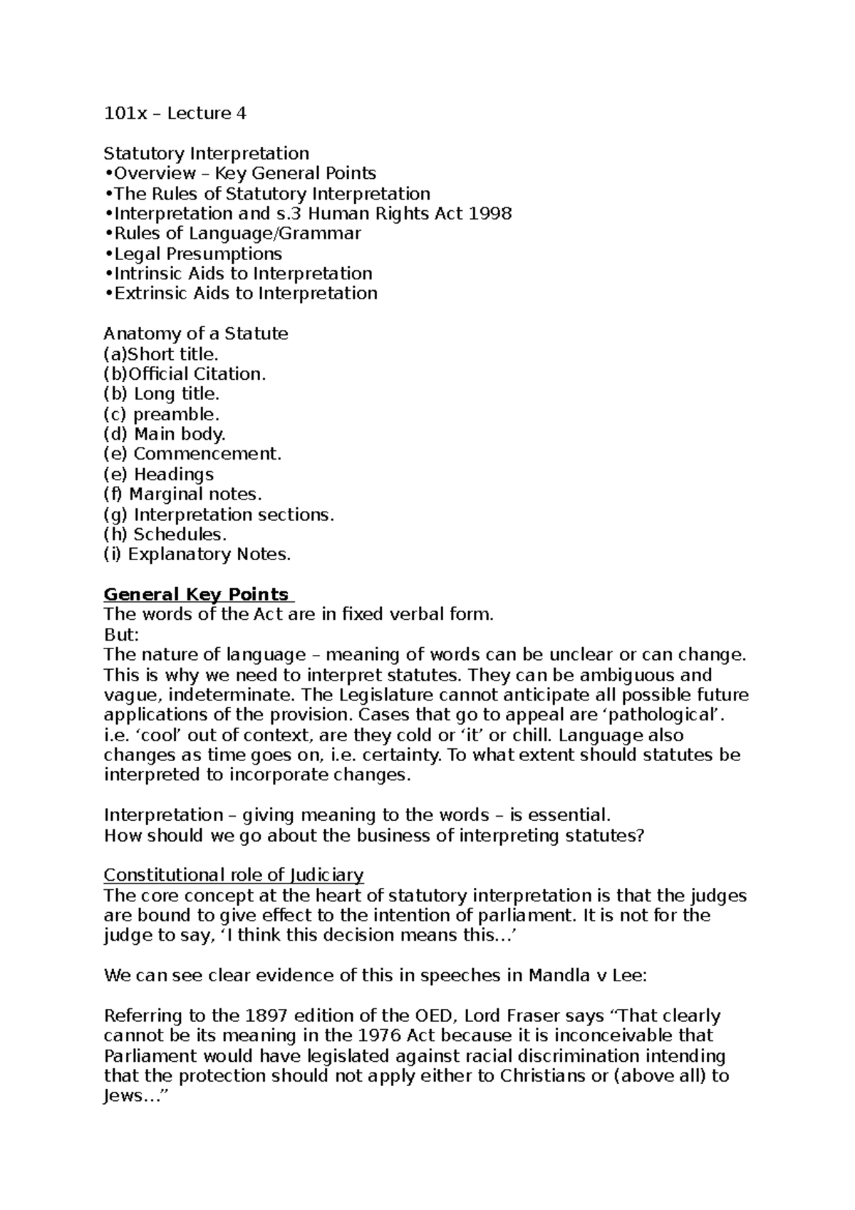 101x – Lecture 4 - 101x – Lecture 4 Statutory Interpretation •Overview – Key General Points •The ...