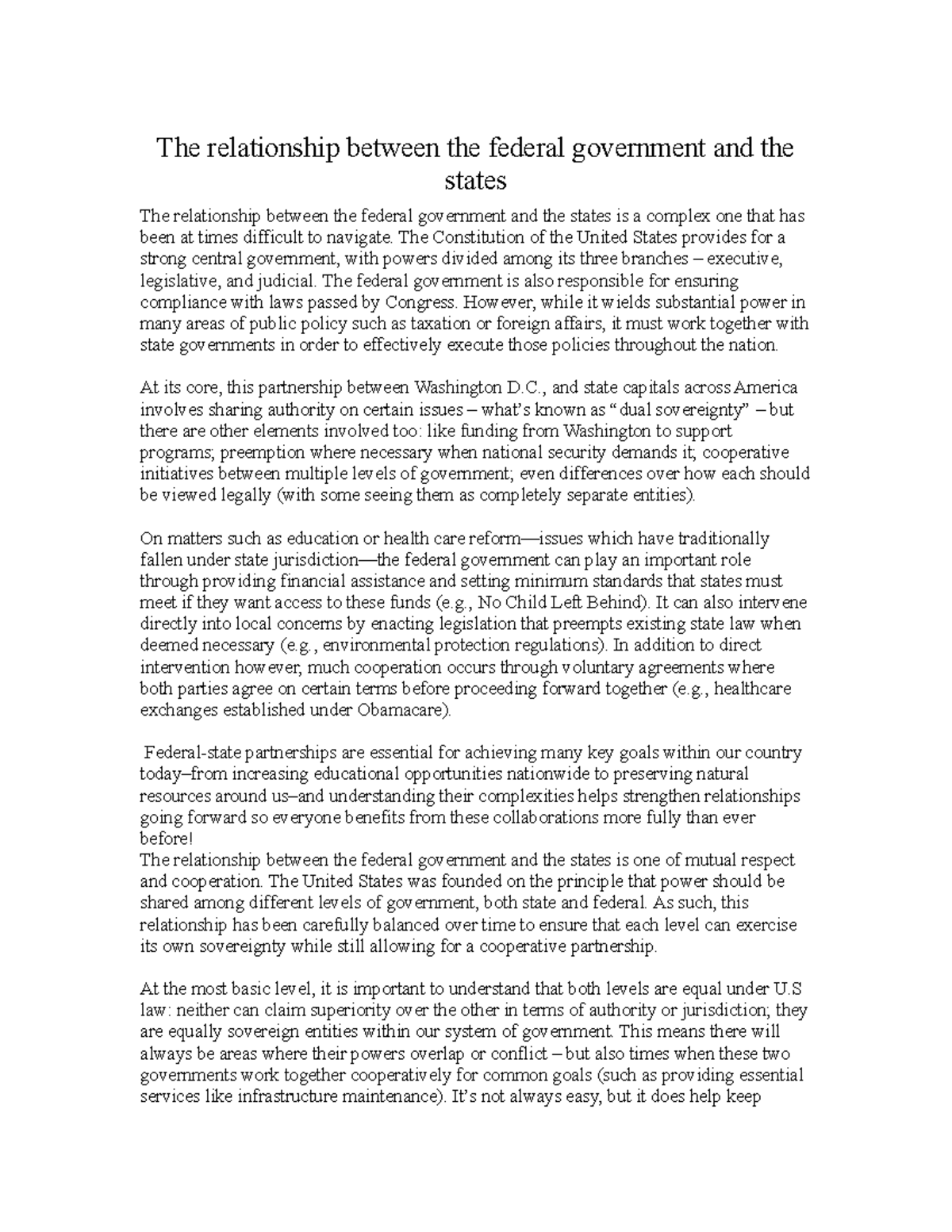 The relationship between the federal government and the states - The ...